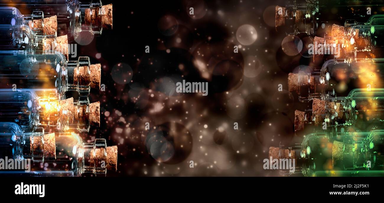 Science frame with rows of glass transparent bottles with corks on the ...