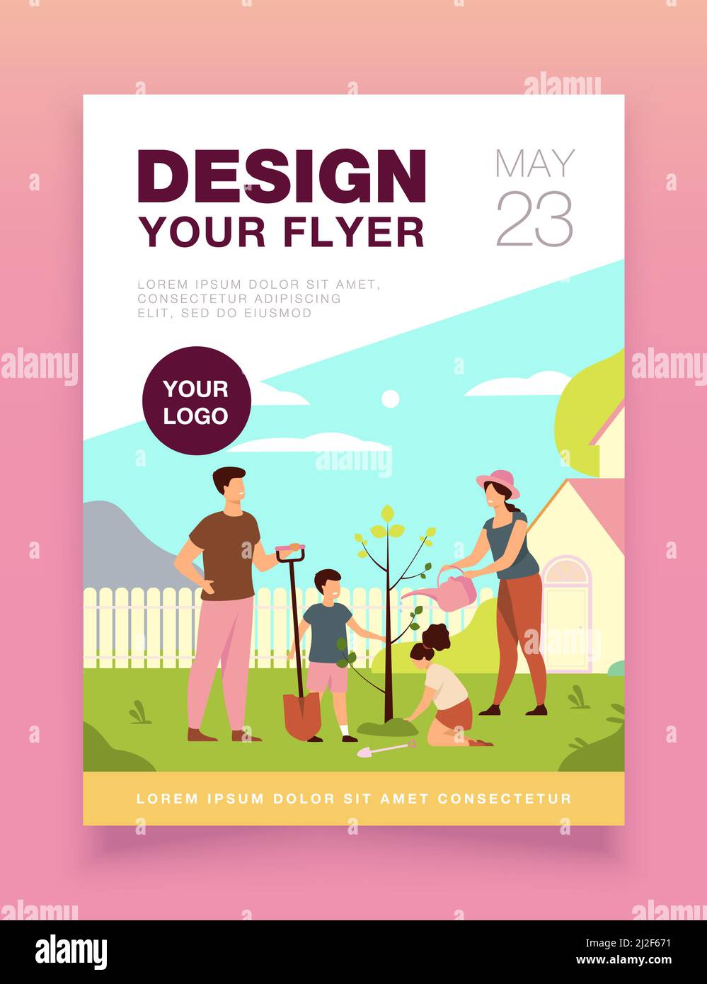 Farmer family planting sapling near house. Parents couple and kids ...