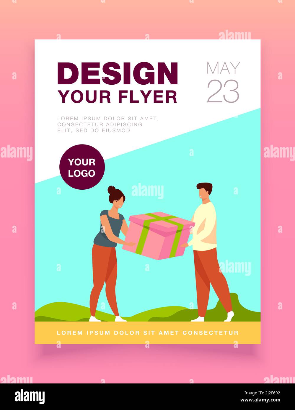 Couple holding gift. Man and woman competing for present, pulling box ...