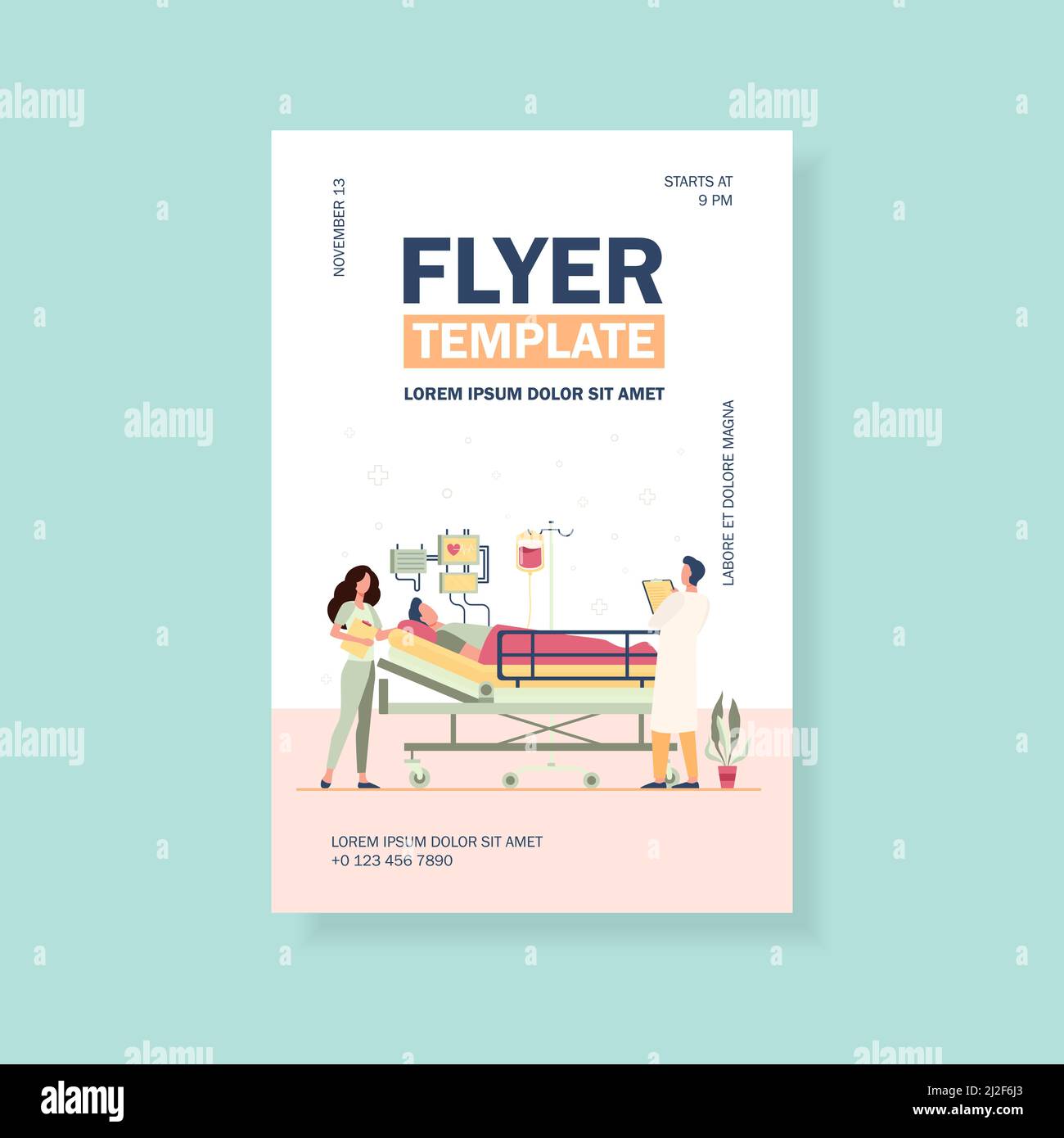 Doctor and nurse giving medical care to patient in bed isolated flat ...