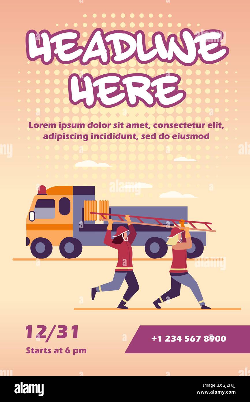 Firefighters rushing to rescue. Firemen running from vehicle, carrying ...