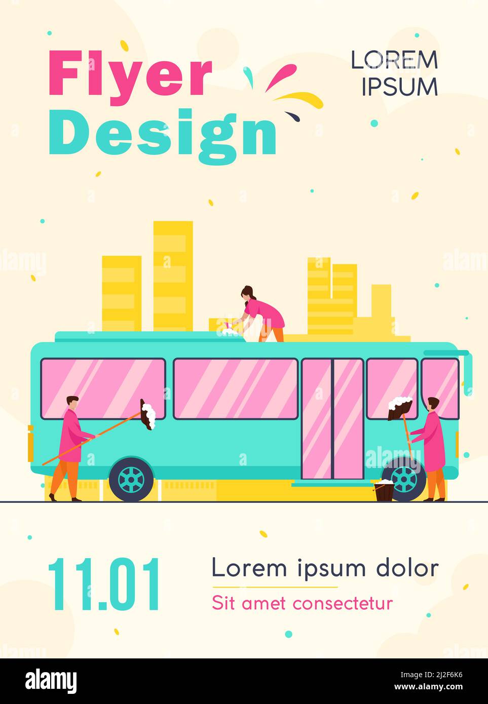 Workers cleaning and washing bus. Vehicle, detergent, work flat vector ...