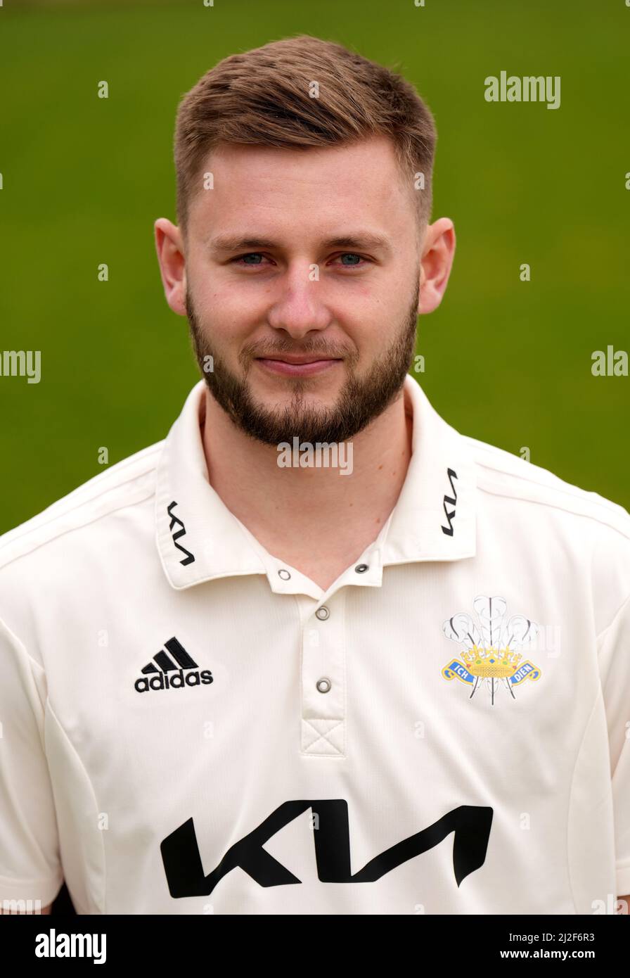 Surrey's Gus Atkinson during a photocall at the Kia Oval, London ...