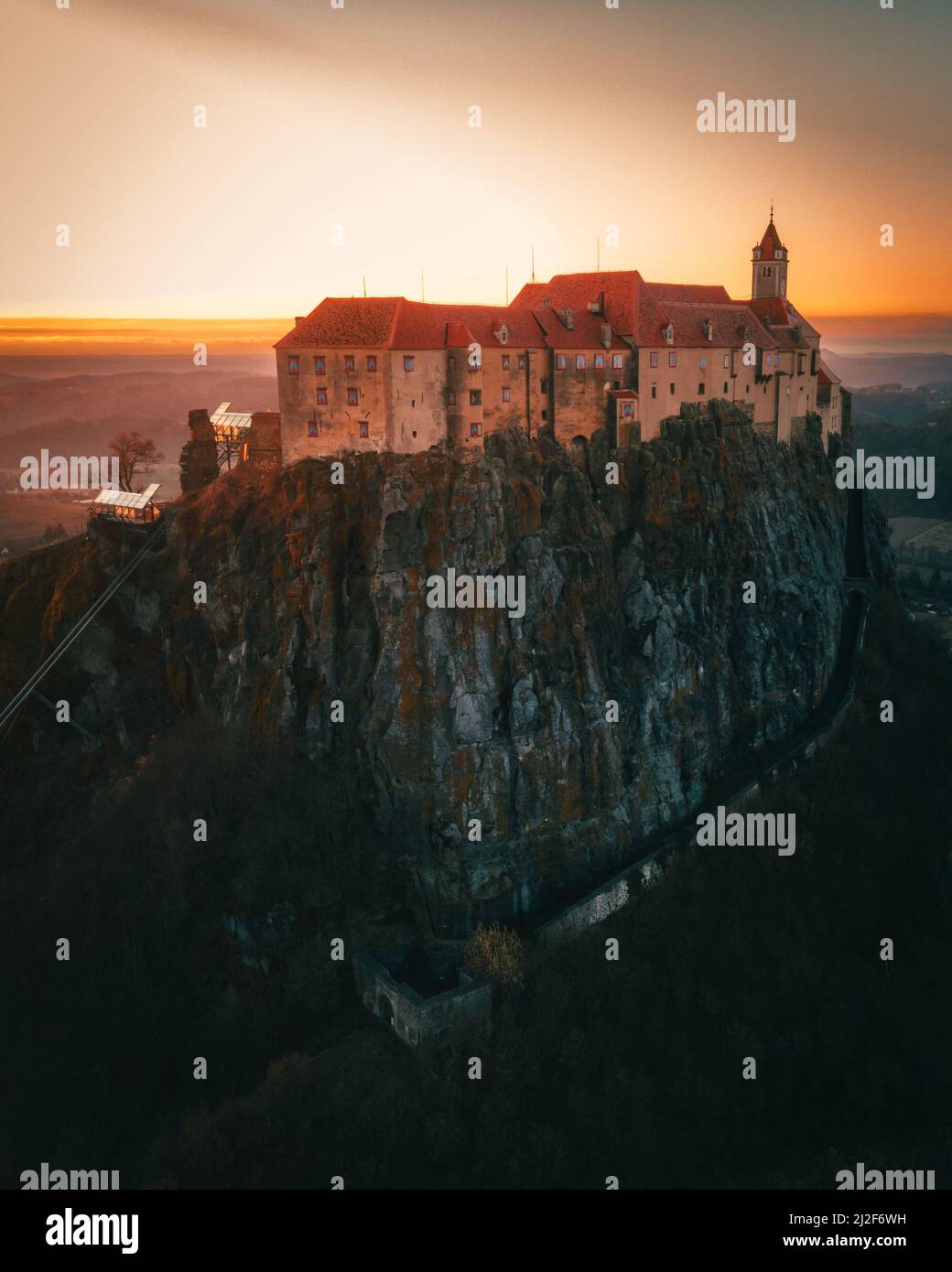 Aerial panorama view of historic old medieval castle Riegersburg on ...