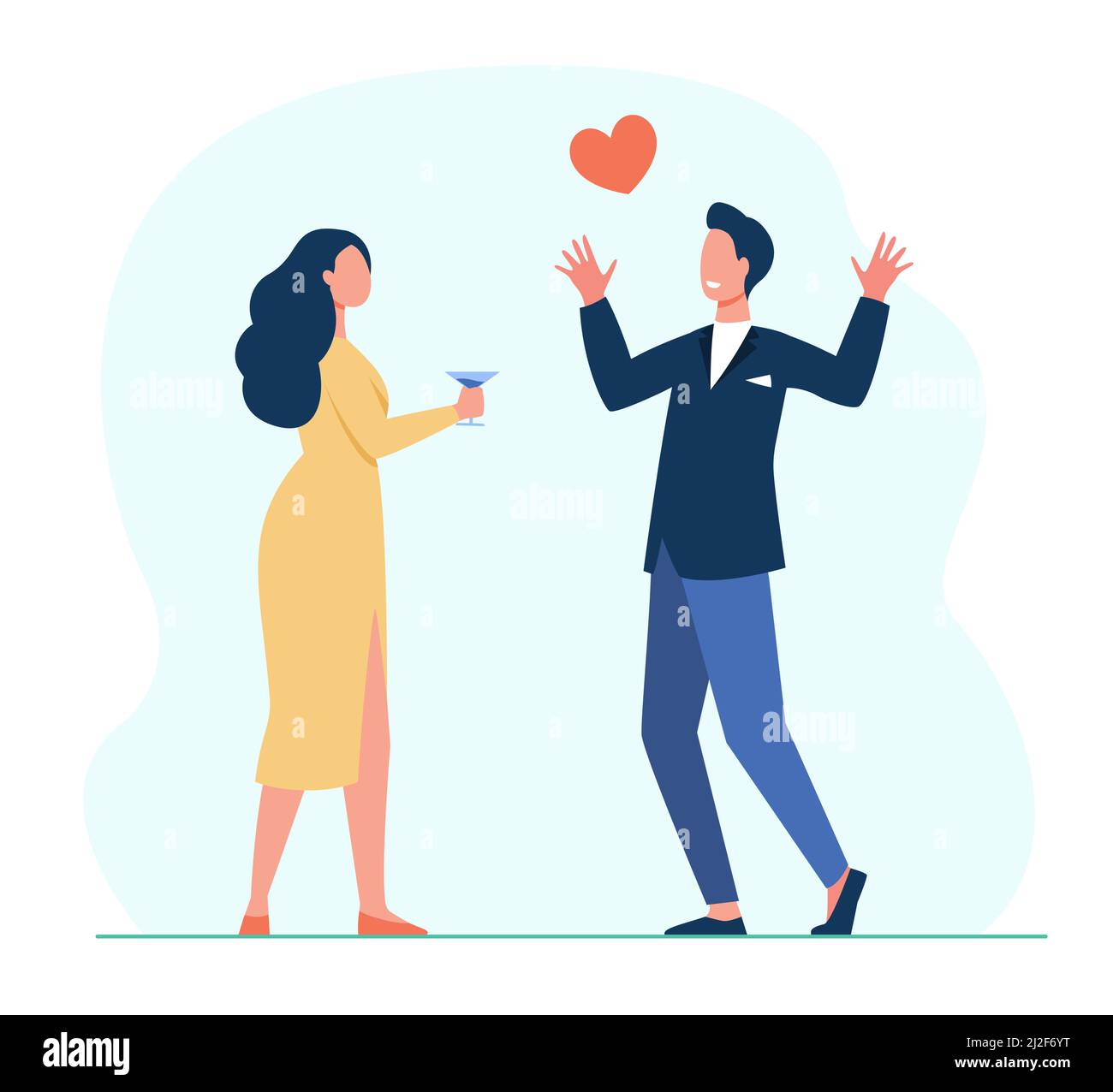 Young couple in love dating. Meeting, red heart, drinking alcohol. Flat ...