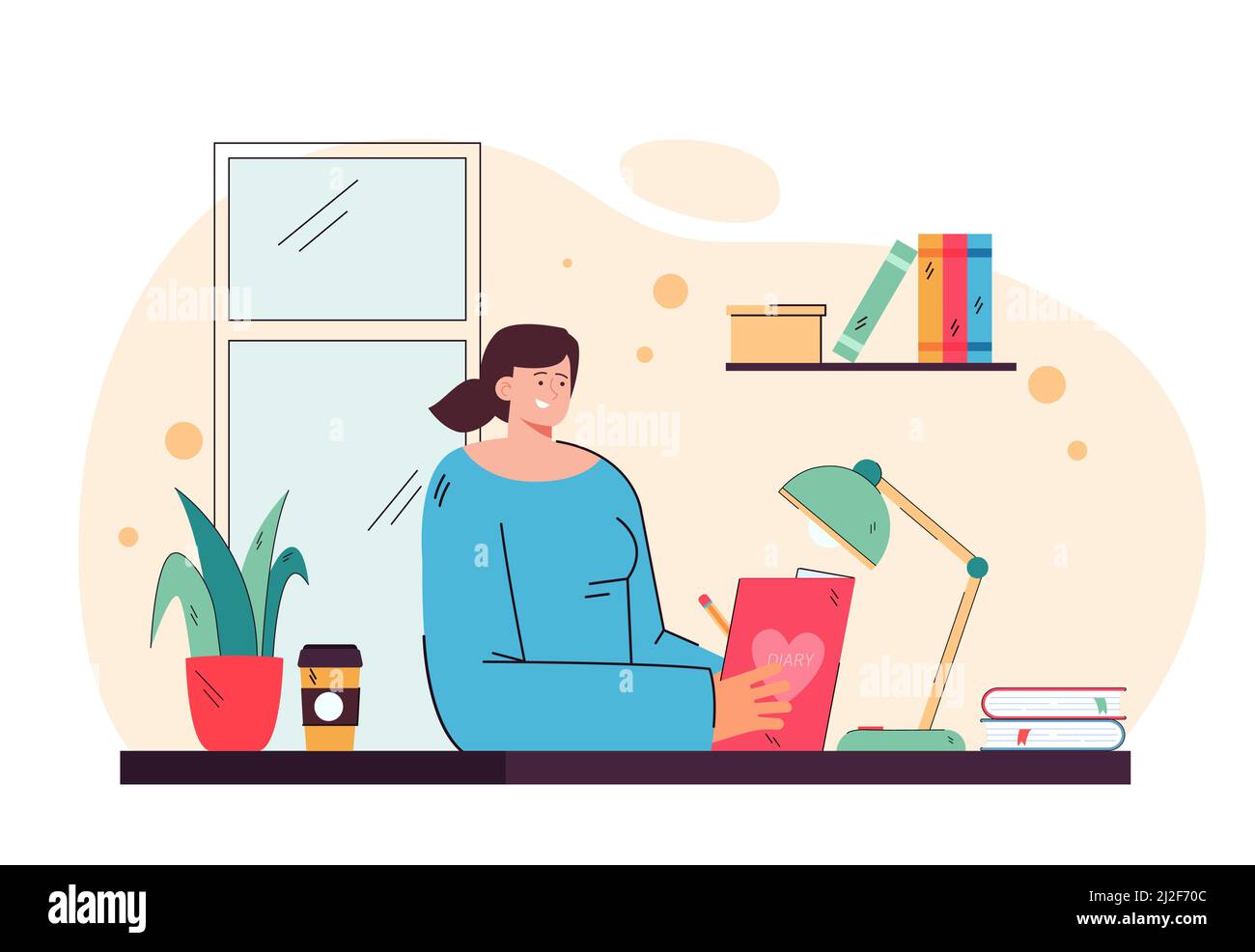 Cute girl writing in diary and sitting at desk flat vector illustration ...