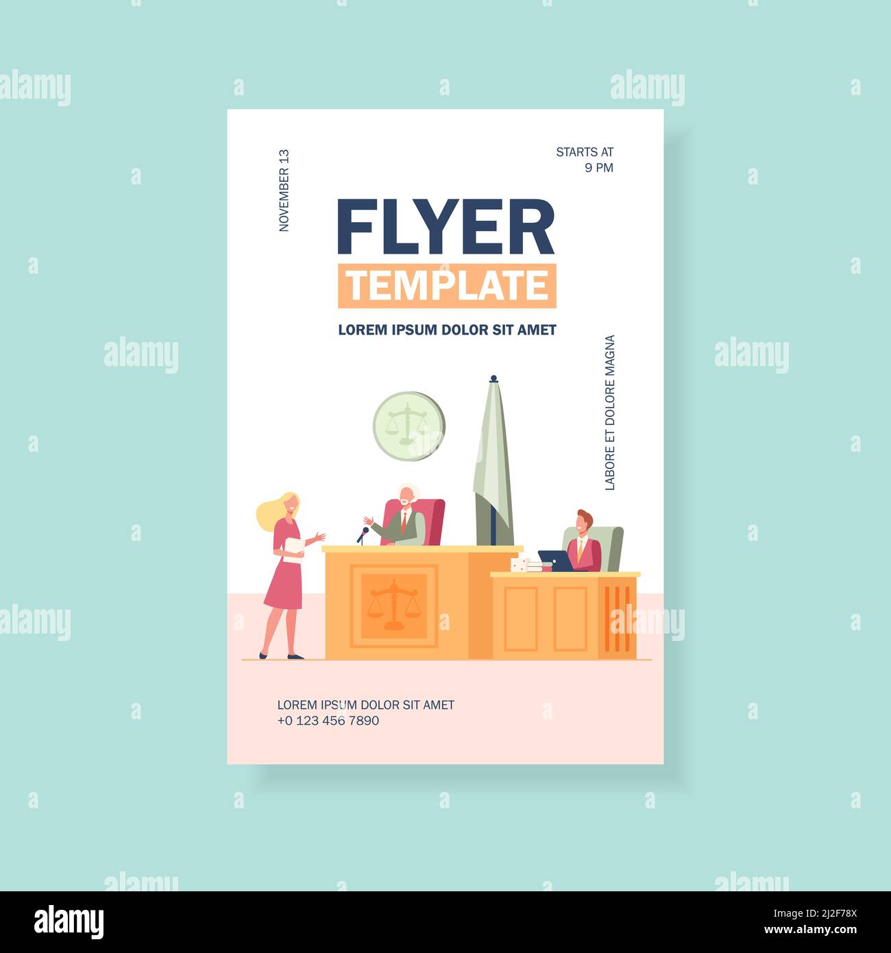 Female attorney standing in front of judge and talking isolated flat ...