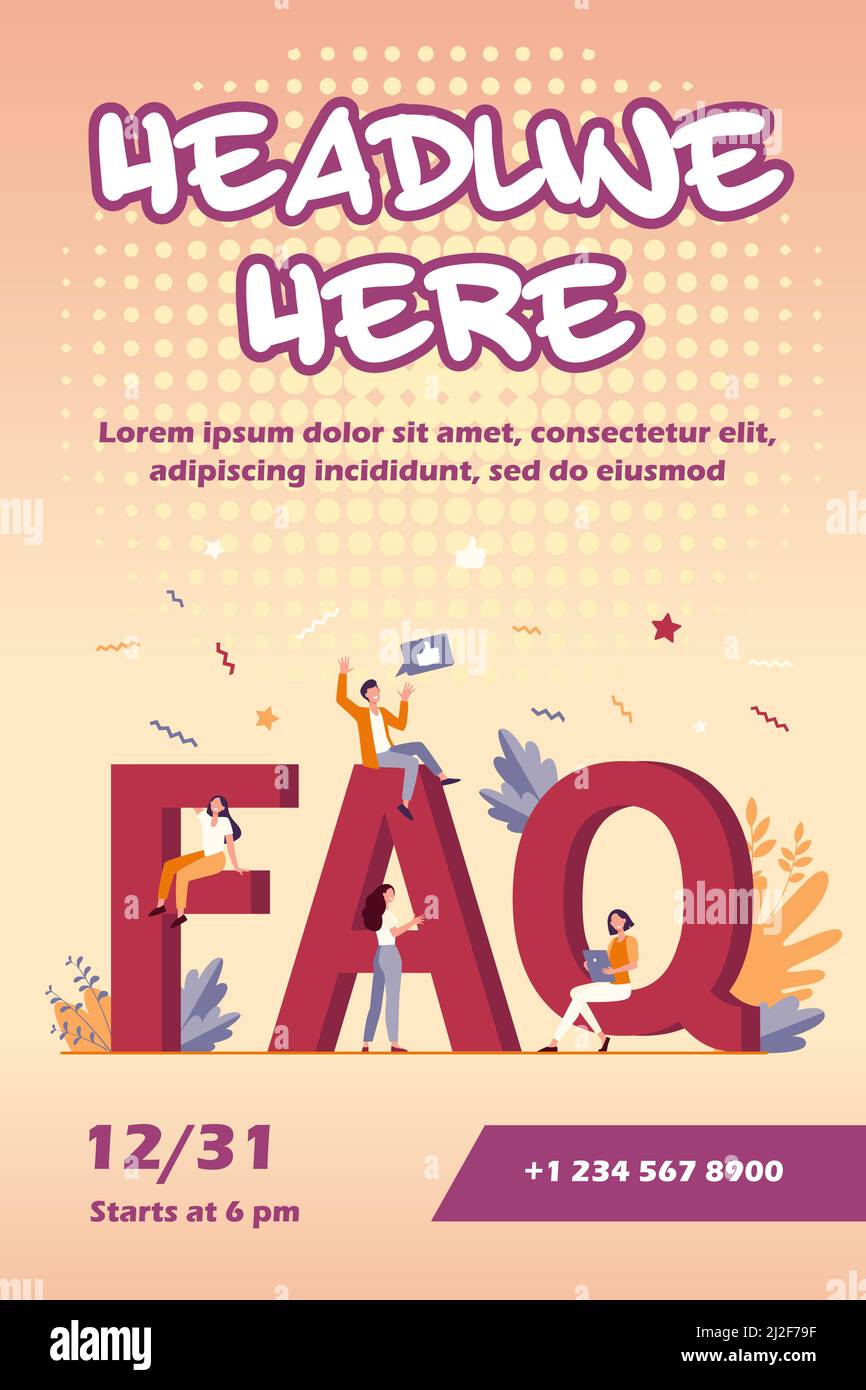 Giant FAQ and tiny people flat vector illustration. Cartoon users ...