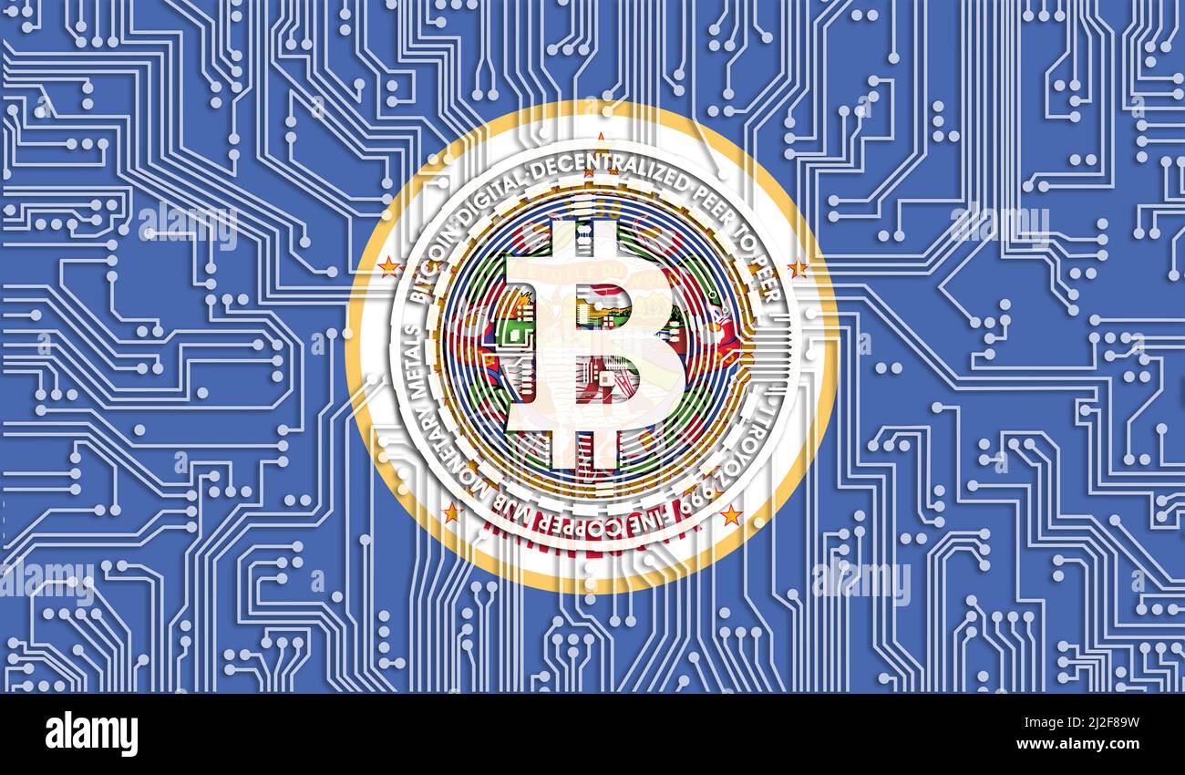 flag of Minnesota state of USA and bitcoin, Integrated Circuit Board ...