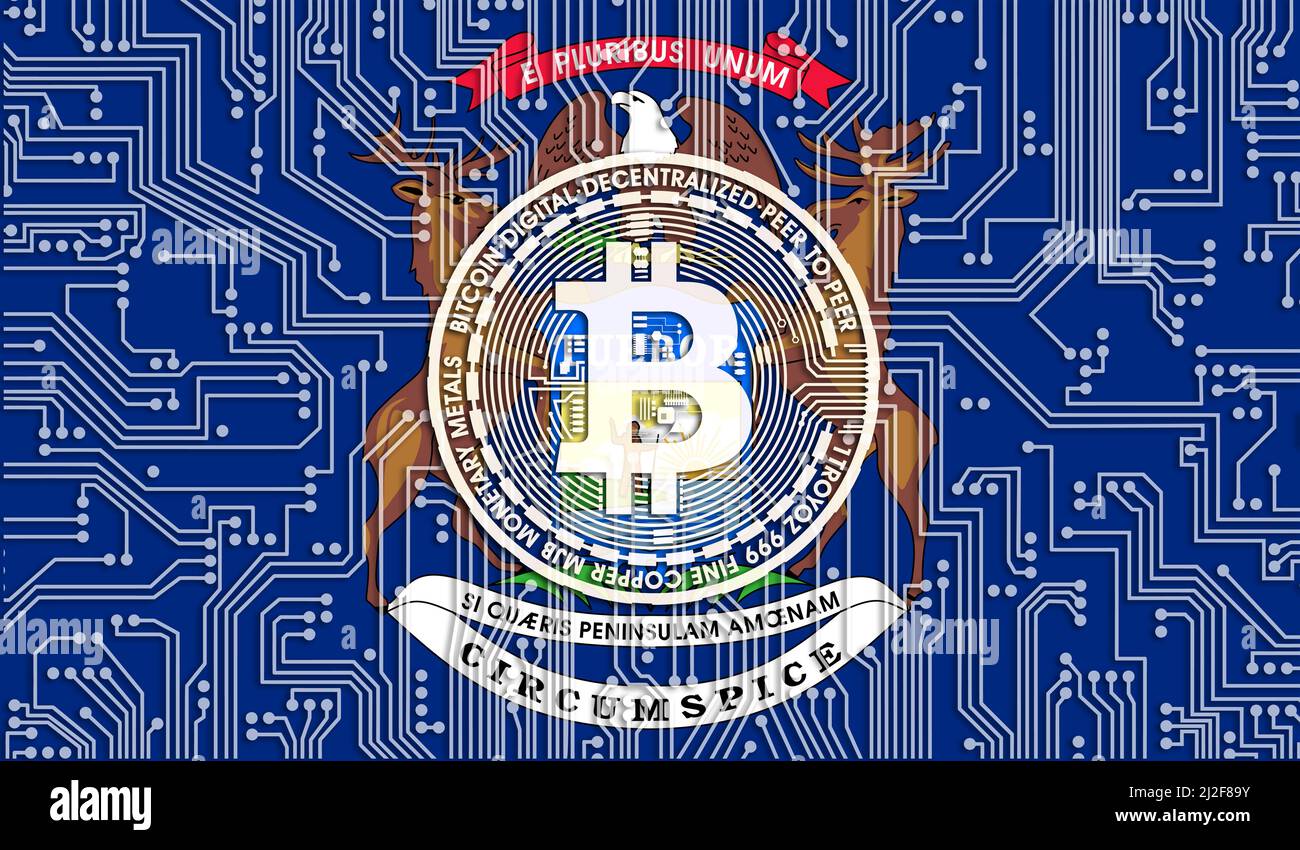 flag of Michigan state of USA and bitcoin, Integrated Circuit Board ...