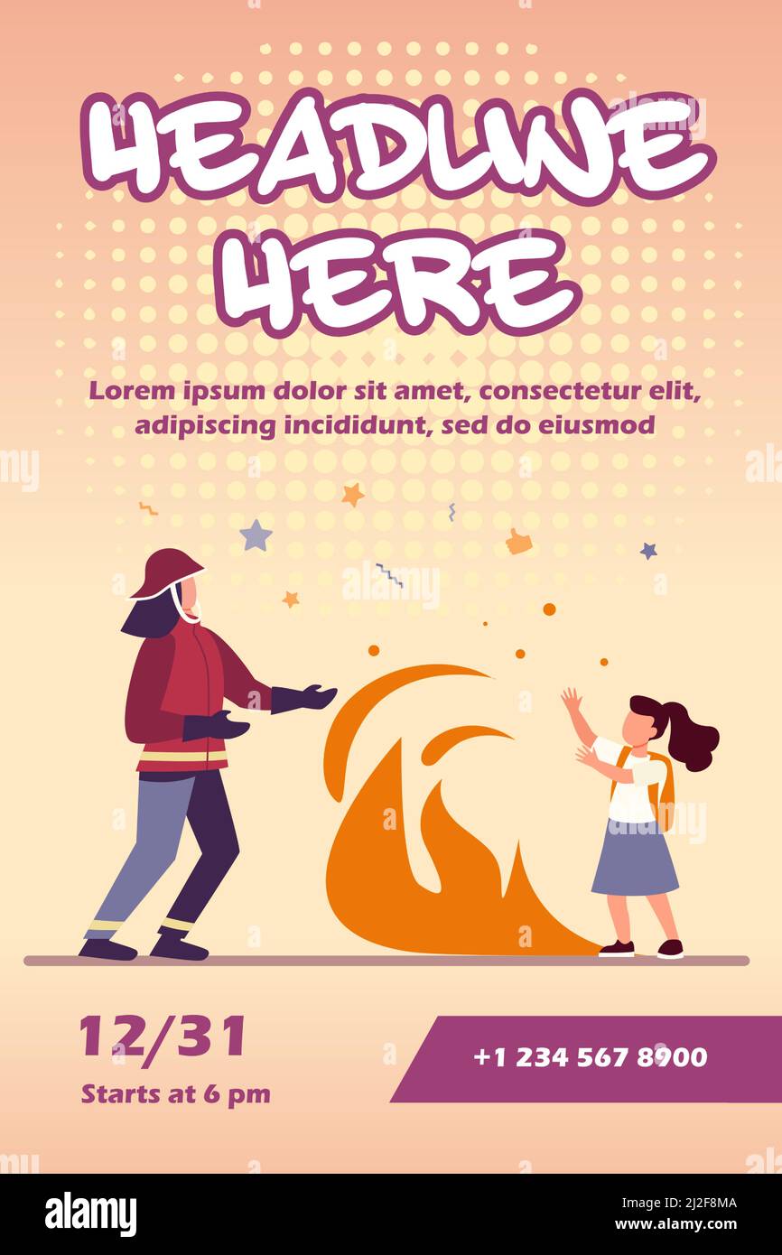 Firefighter saving girl life. Flame between firemen in protective suit ...