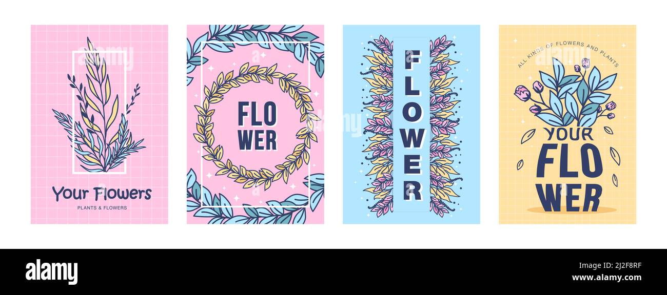 Flowers posters set. Leaves, buds, wreath vector illustrations with ...