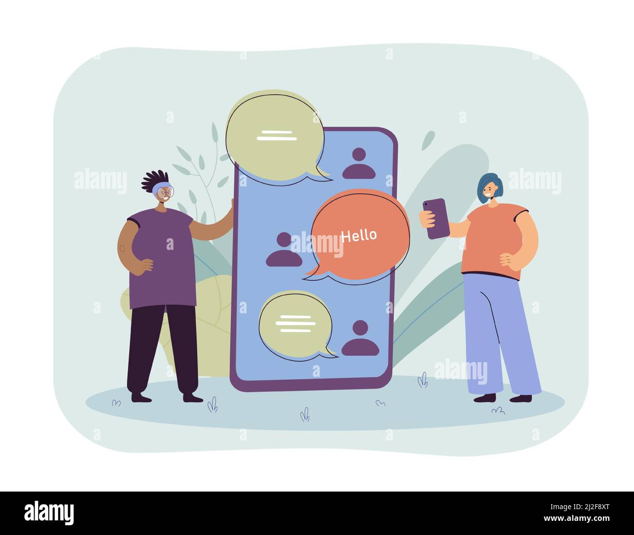 Friends chatting online through internet. Tiny female characters using ...