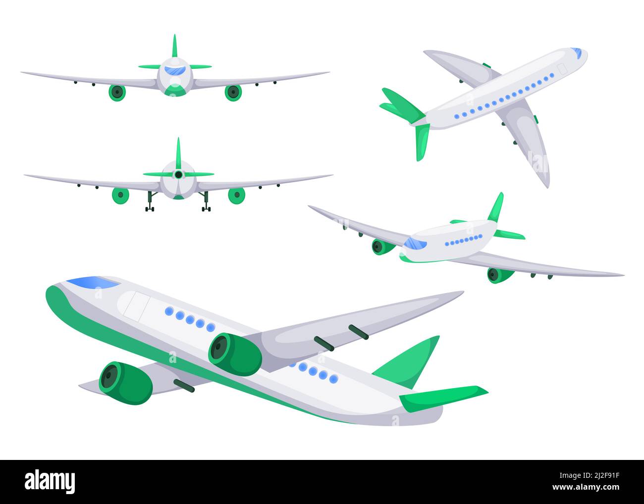 Airplane from different angles vector flat illustrations set. Plane ...