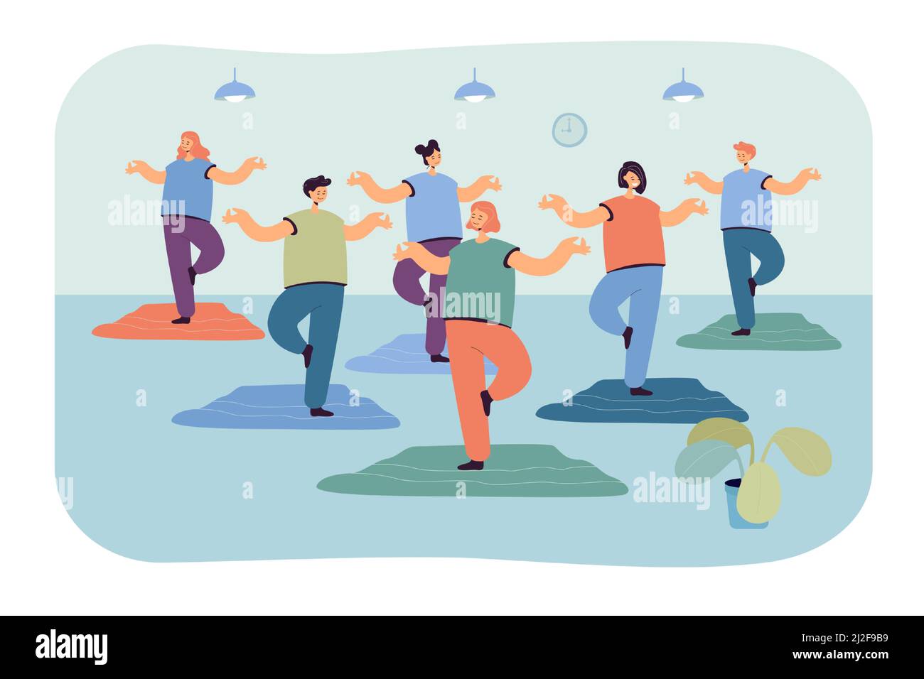 Group of cartoon women practicing yoga in gym. Flat vector illustration ...