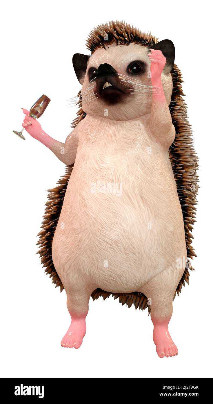 3D rendering of a hedgehog dancing with a glass of champaigne isolated ...