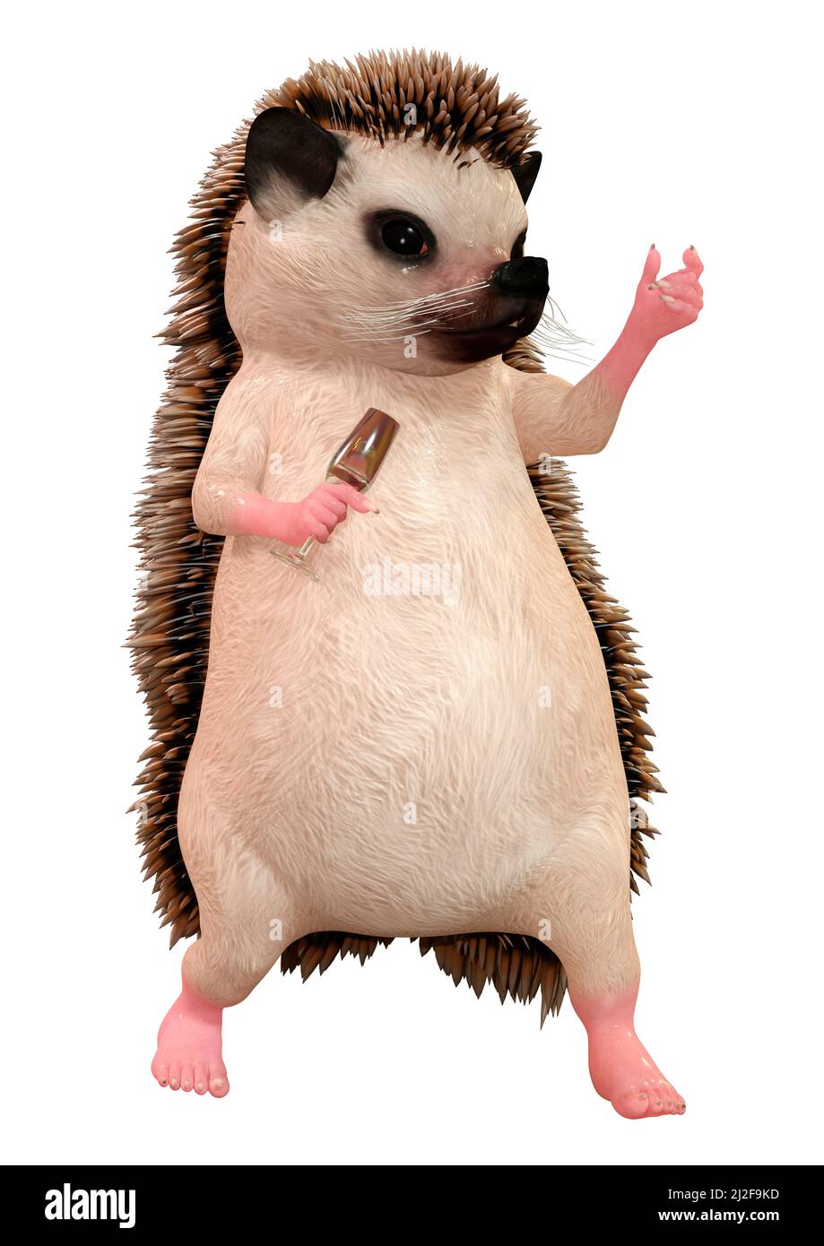 3D rendering of a hedgehog dancing with a glass of champaigne isolated ...