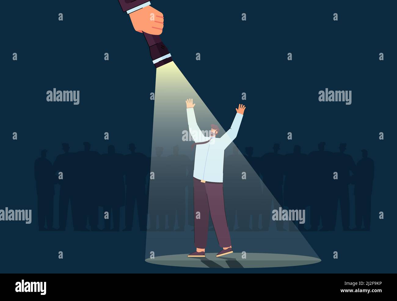 Happy man standing under spotlight. Businessman standing out from crowd ...