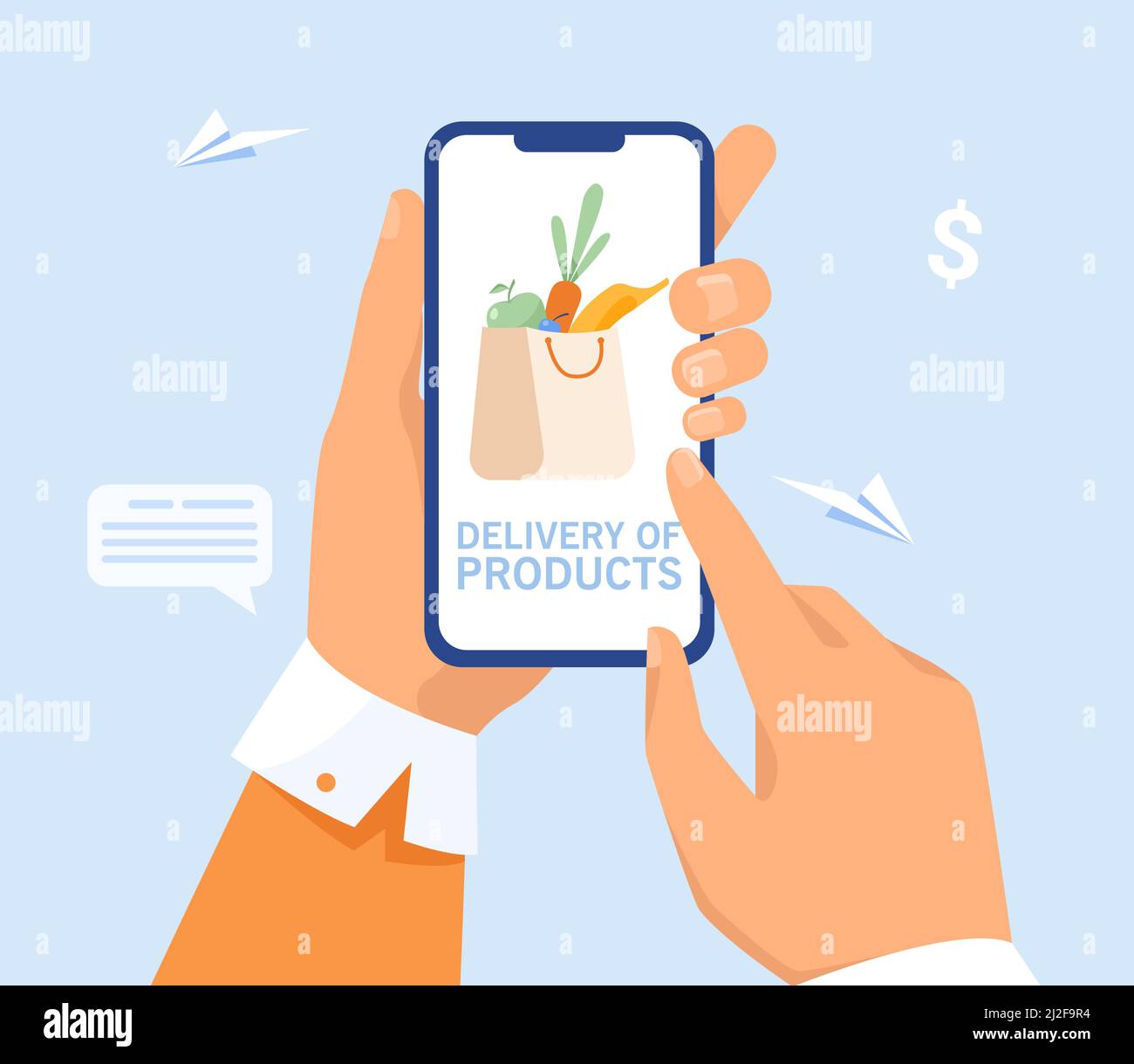 Hand of user ordering delivery from grocery store. Person buying food ...