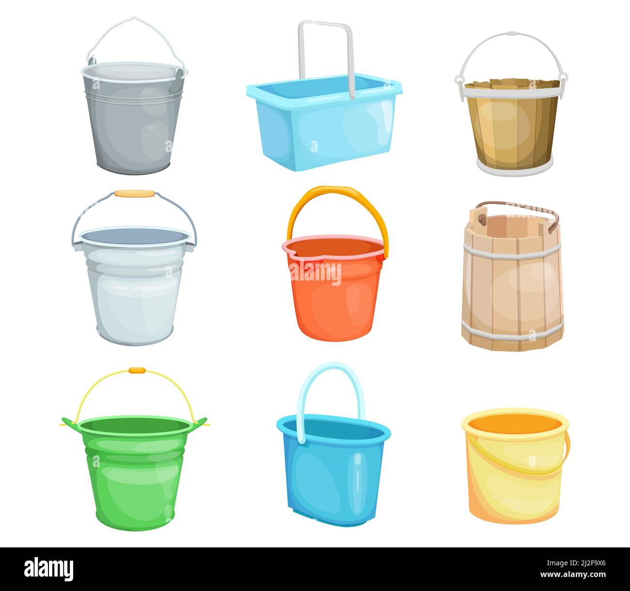 Buckets vector illustrations set. Plastic, steel, wooden cartoon pails ...