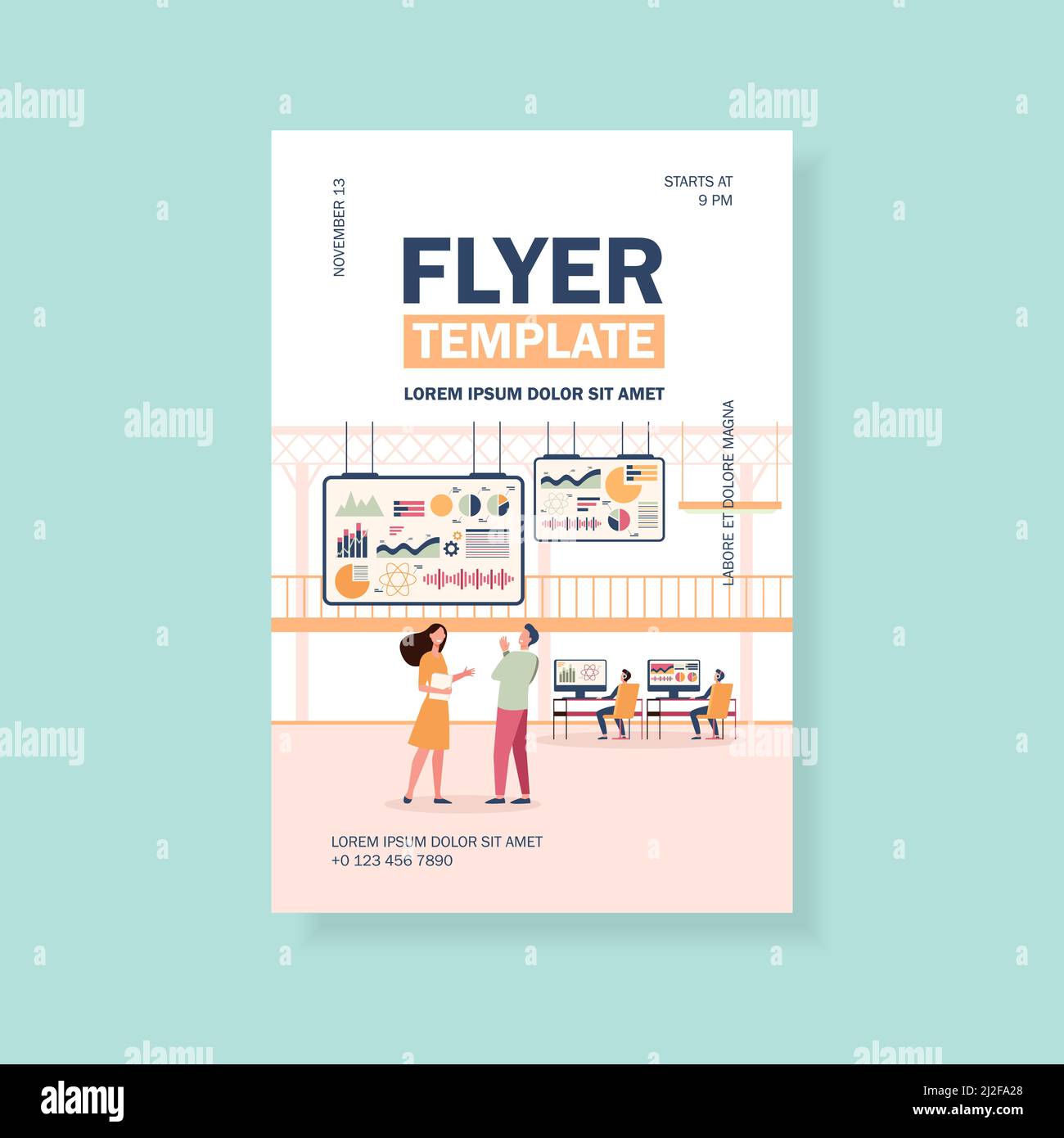 Business people working in control center with big screens flat vector ...