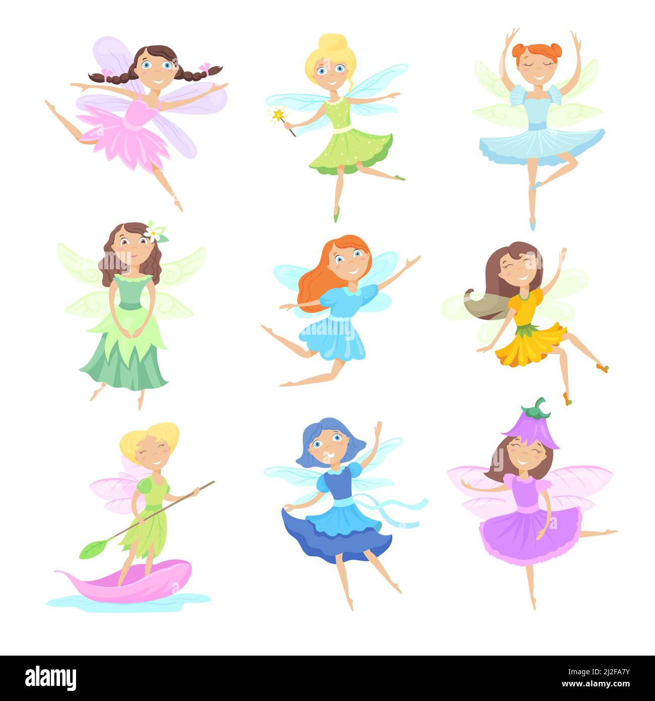 Cartoon fairies set. Cute female characters in beautiful dresses with ...