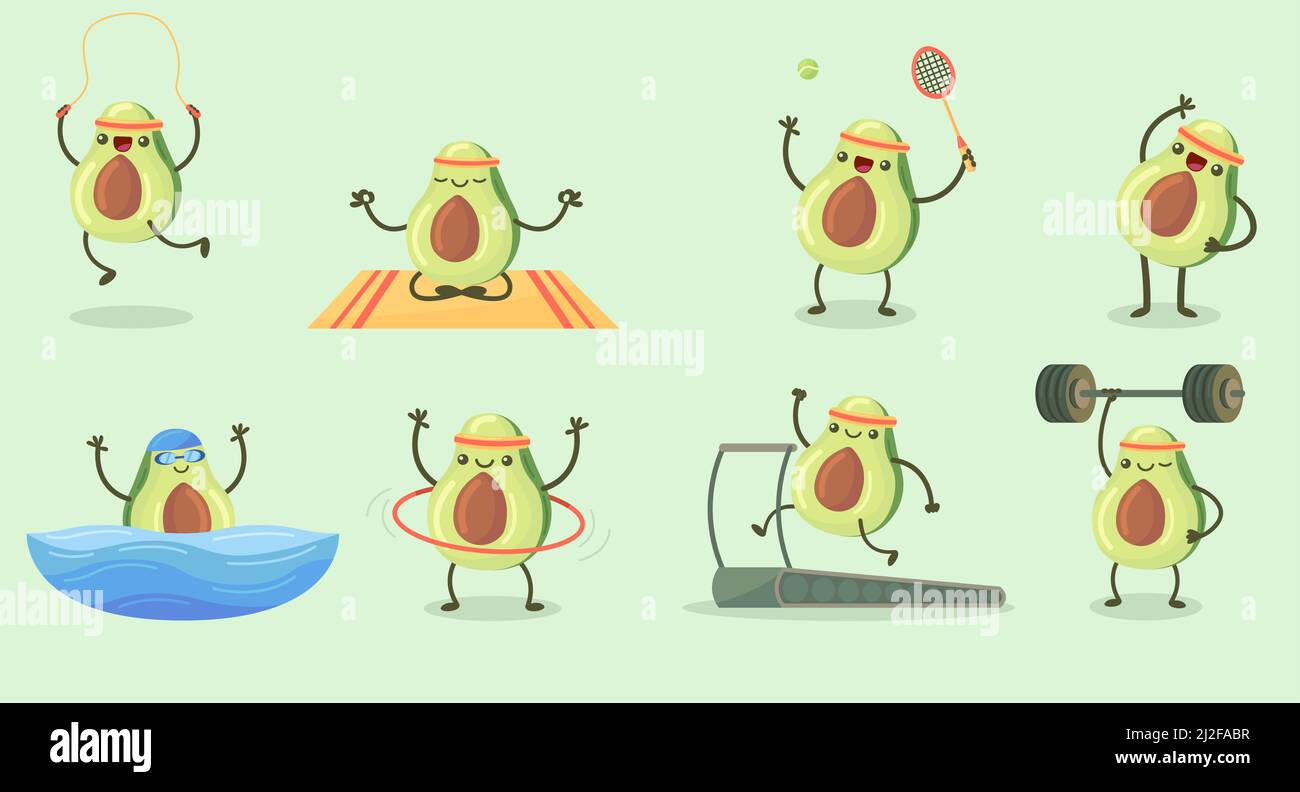 Happy cute avocado exercising flat set for web design. Cartoon avocado ...