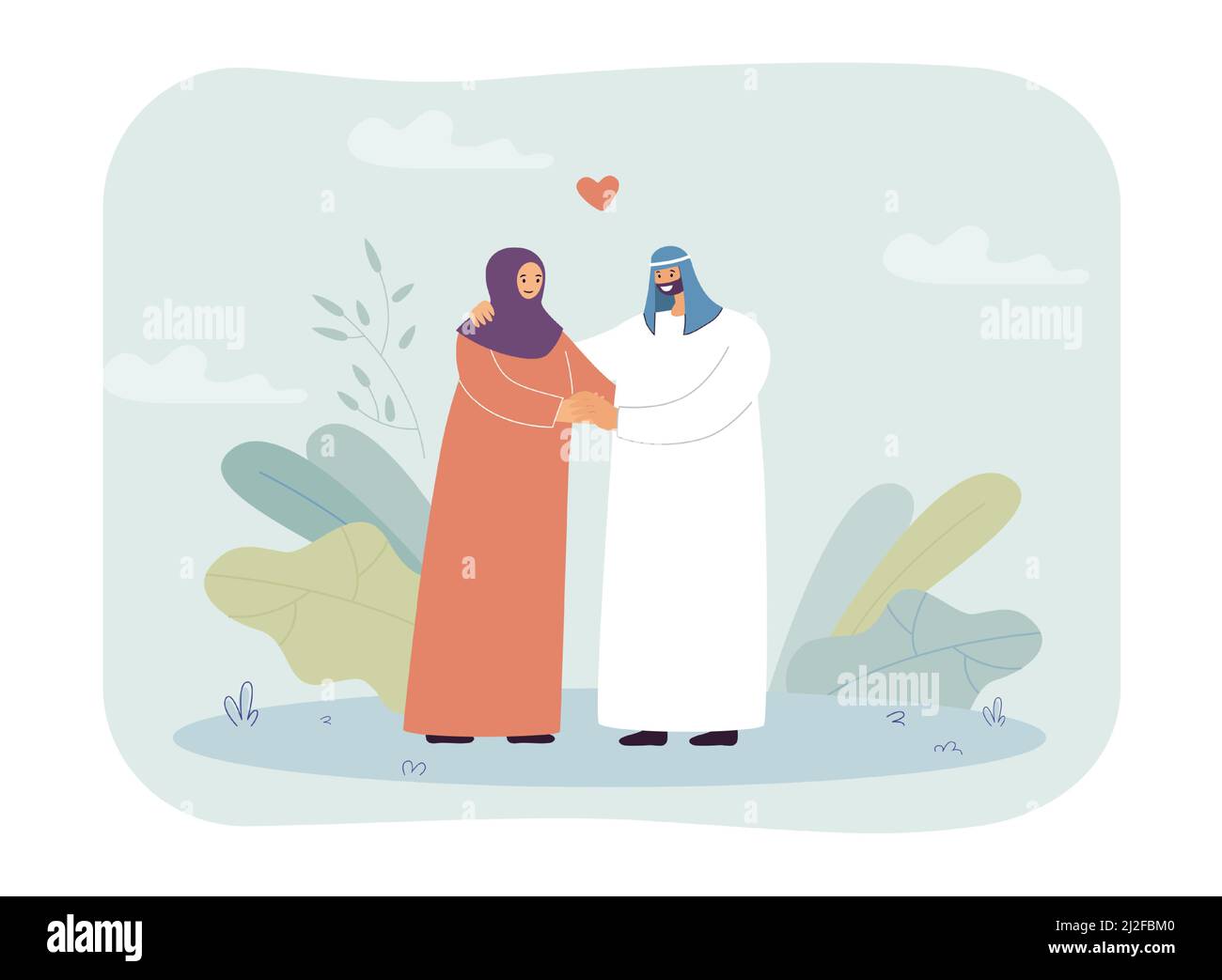 Happy Muslim couple holding hands. Husband and wife in traditional ...