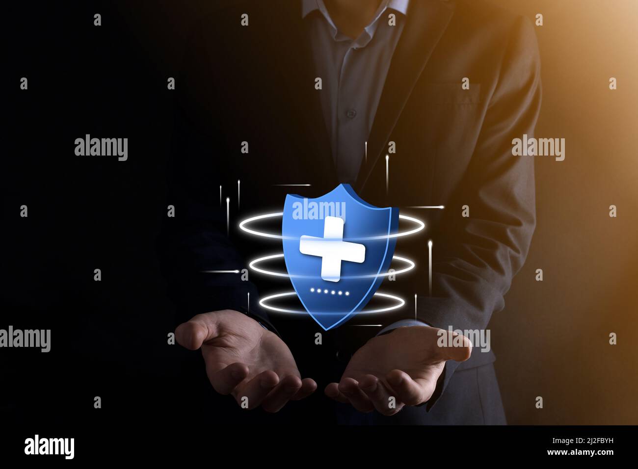 Businessman hold Shield with plus Low polygonal icon, medicine icon ...