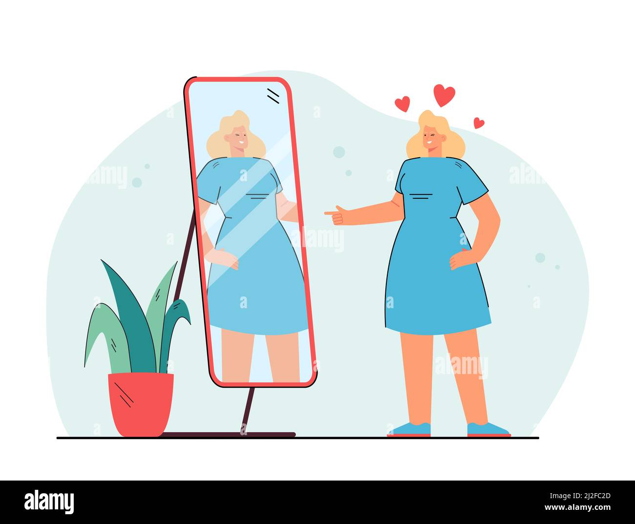 Cheerful young lady looking at mirror and winking isolated flat vector ...