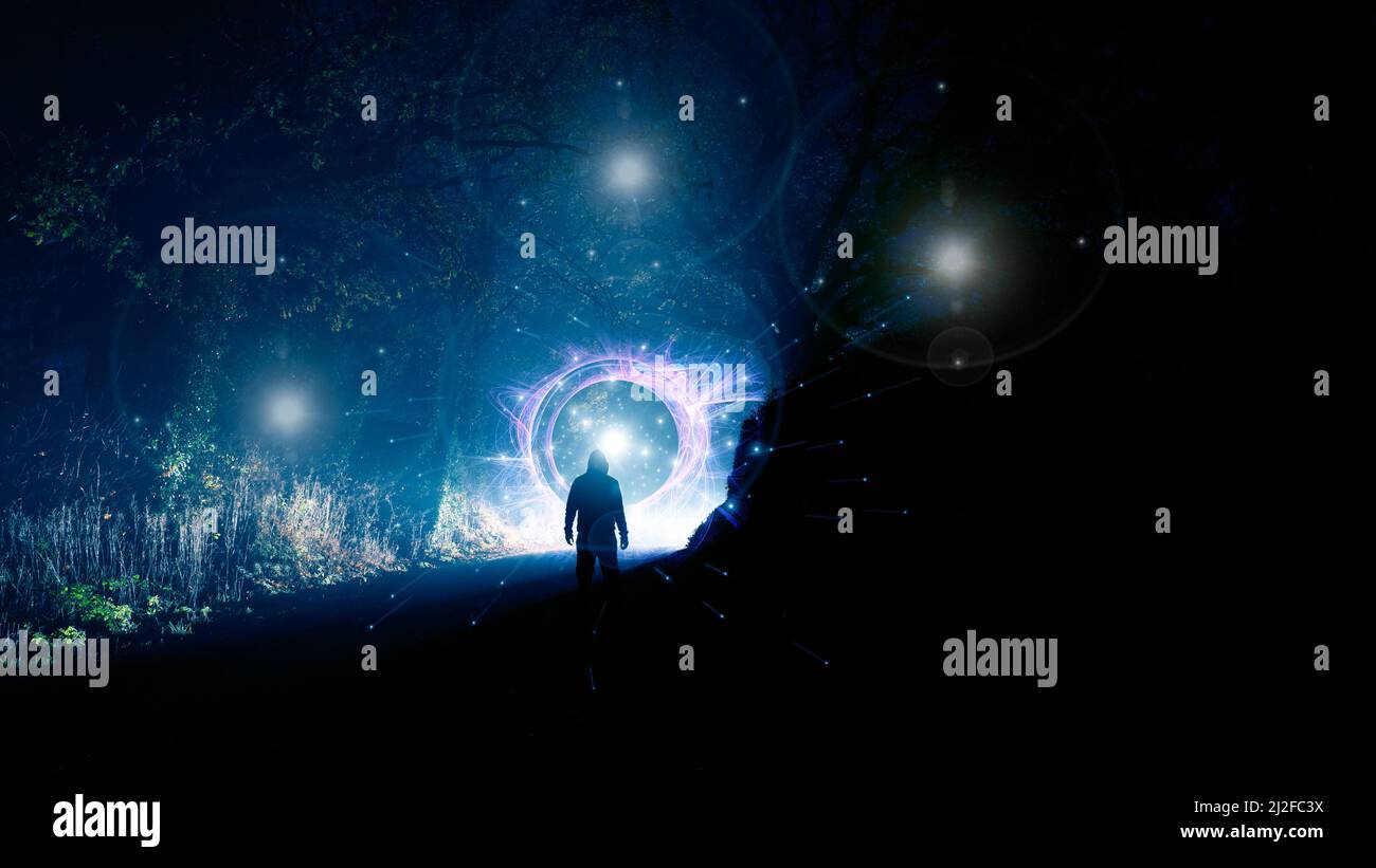 A science fiction concept of a man standing in front of a glowing alien ...