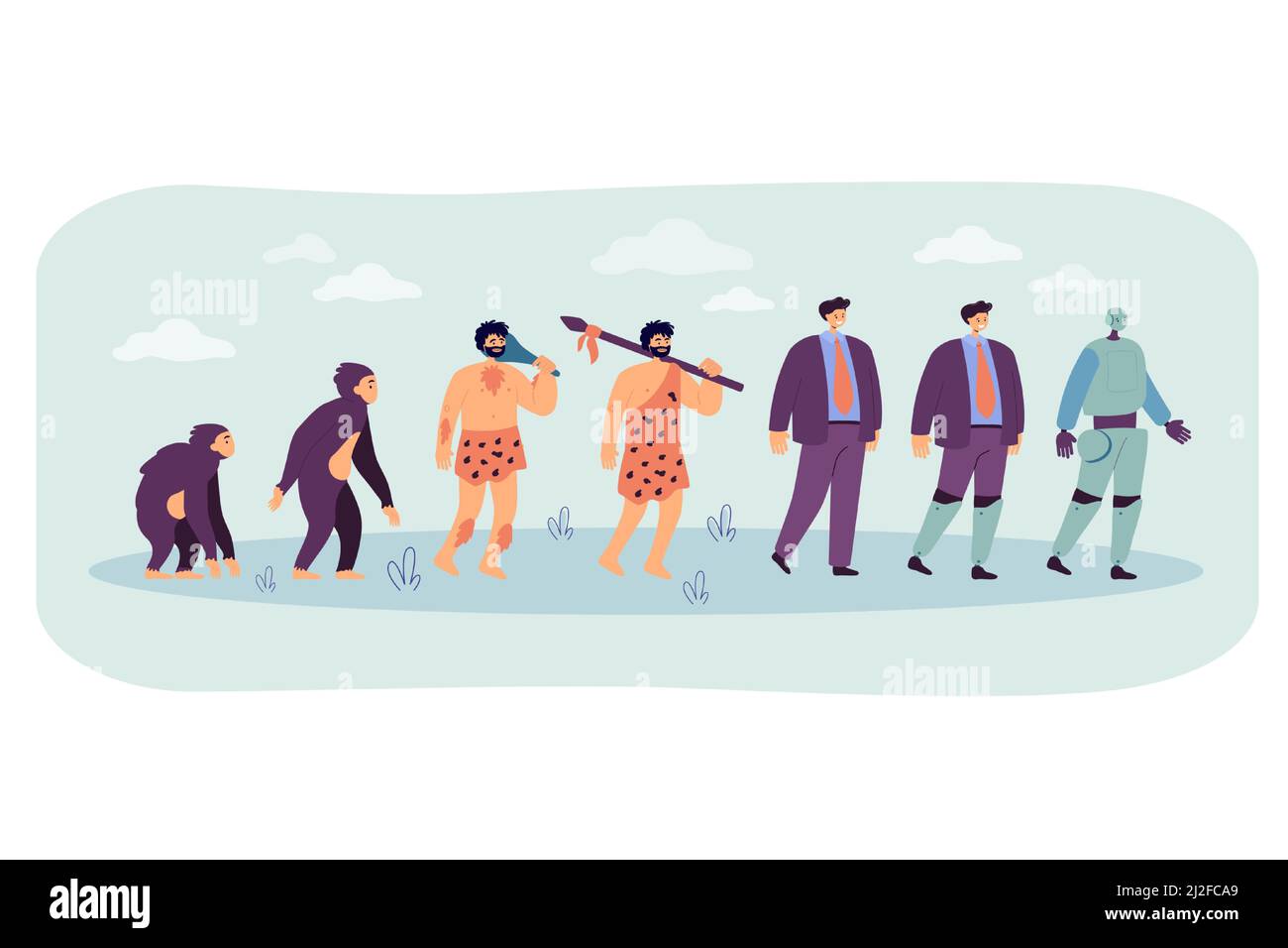 Human evolution to robot line. Primate monkey, ancestor, caveman ...