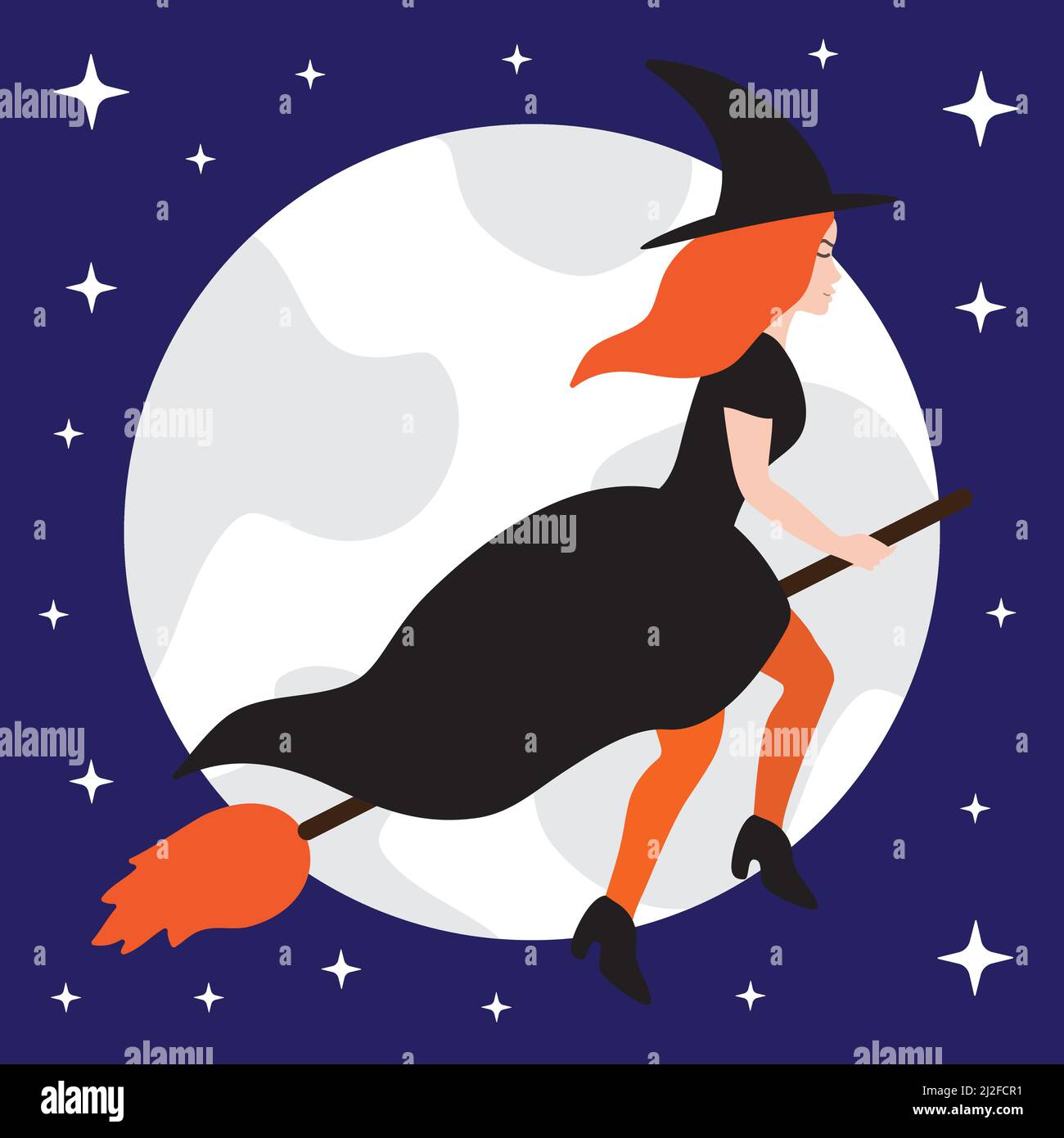 Vector flat cartoon flying witch and moon isolated on blue background ...