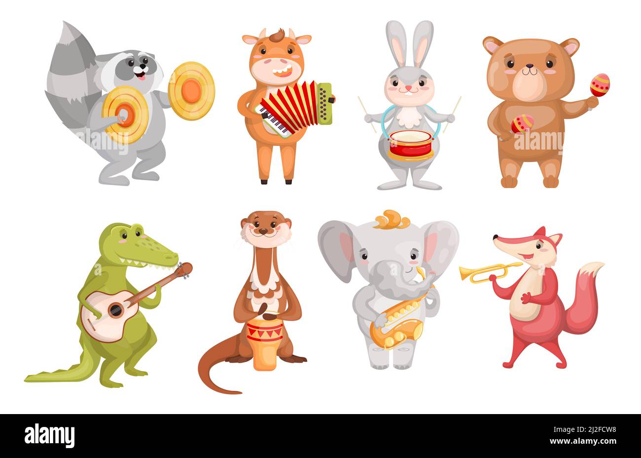 Creative cute animals playing music instruments set for web design ...