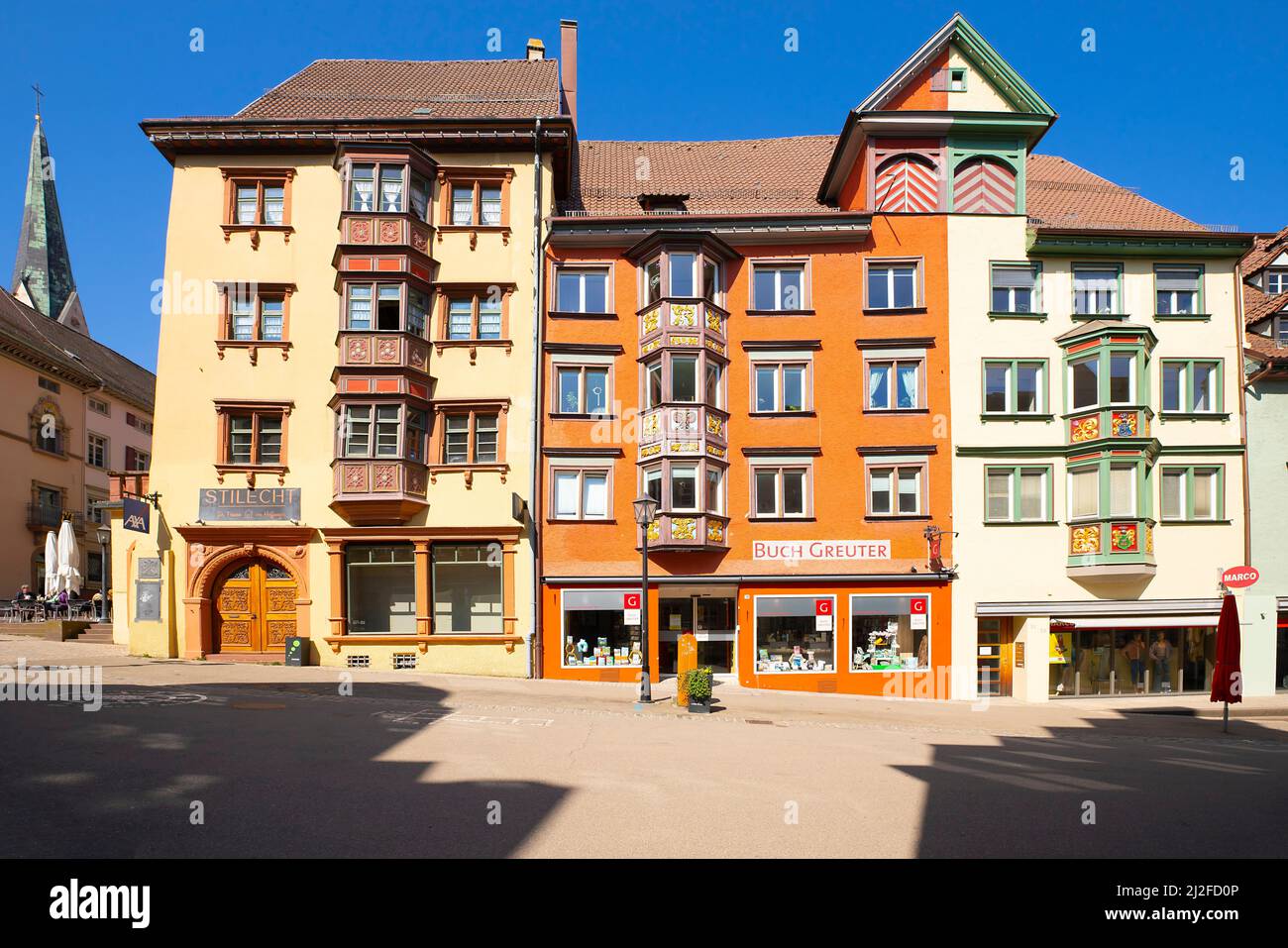 Historical houses with wooden bay-window in Rottweil. Rottweil is a ...