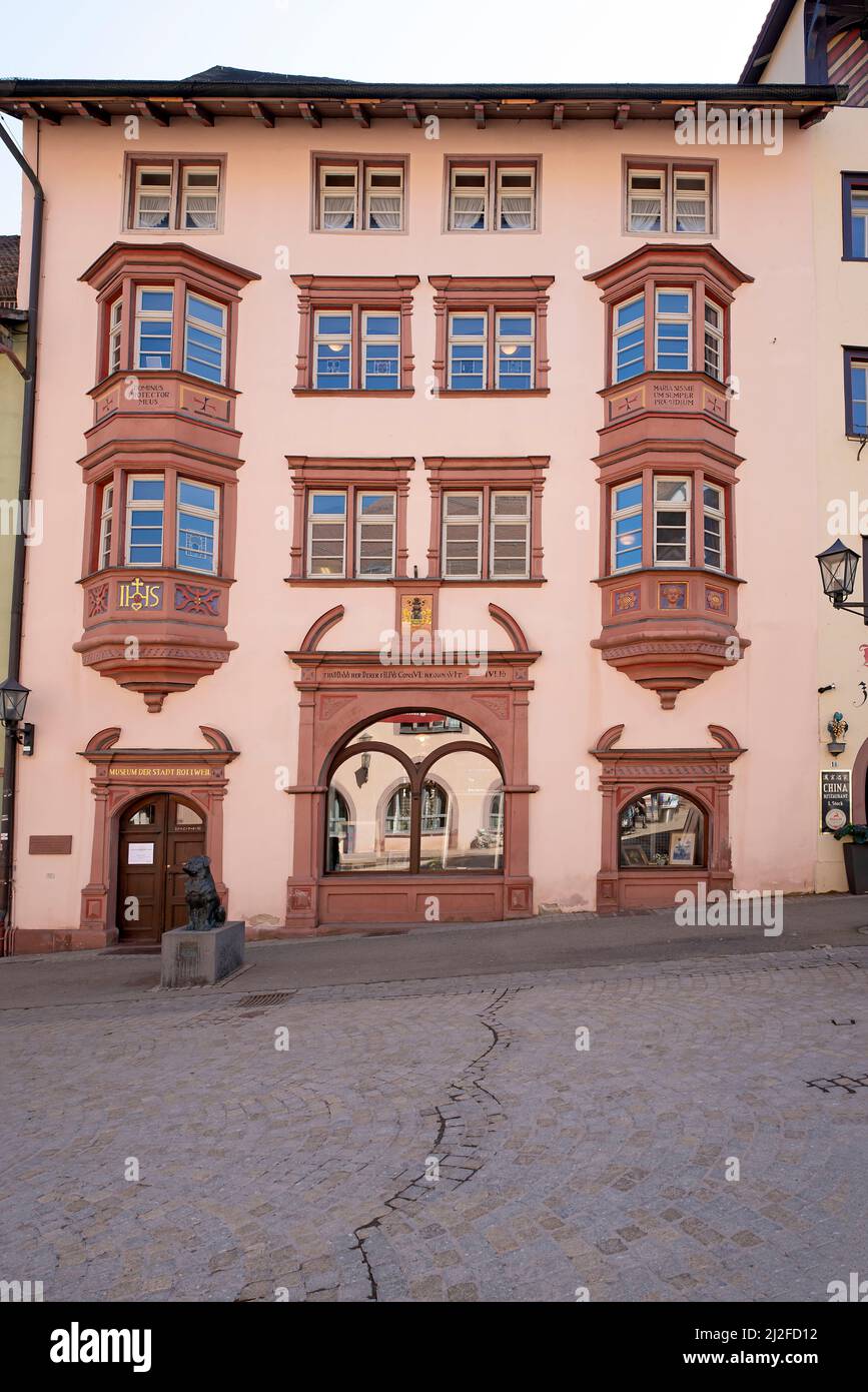 The Rottweil City Museum and Rottweiler statue. Historical houses with ...