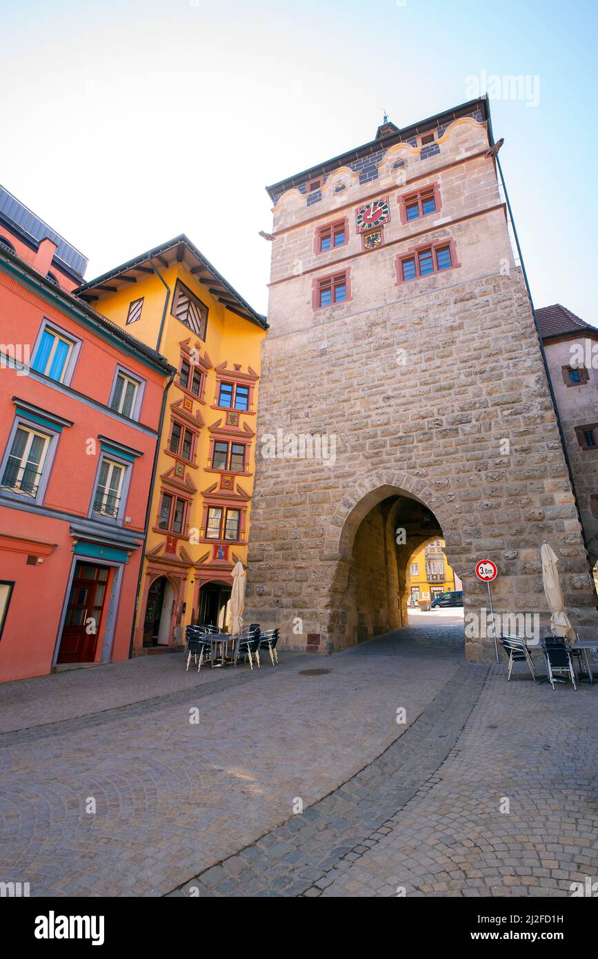 Low-angle view of Black Gate in Rottweil. Historical houses with wooden ...