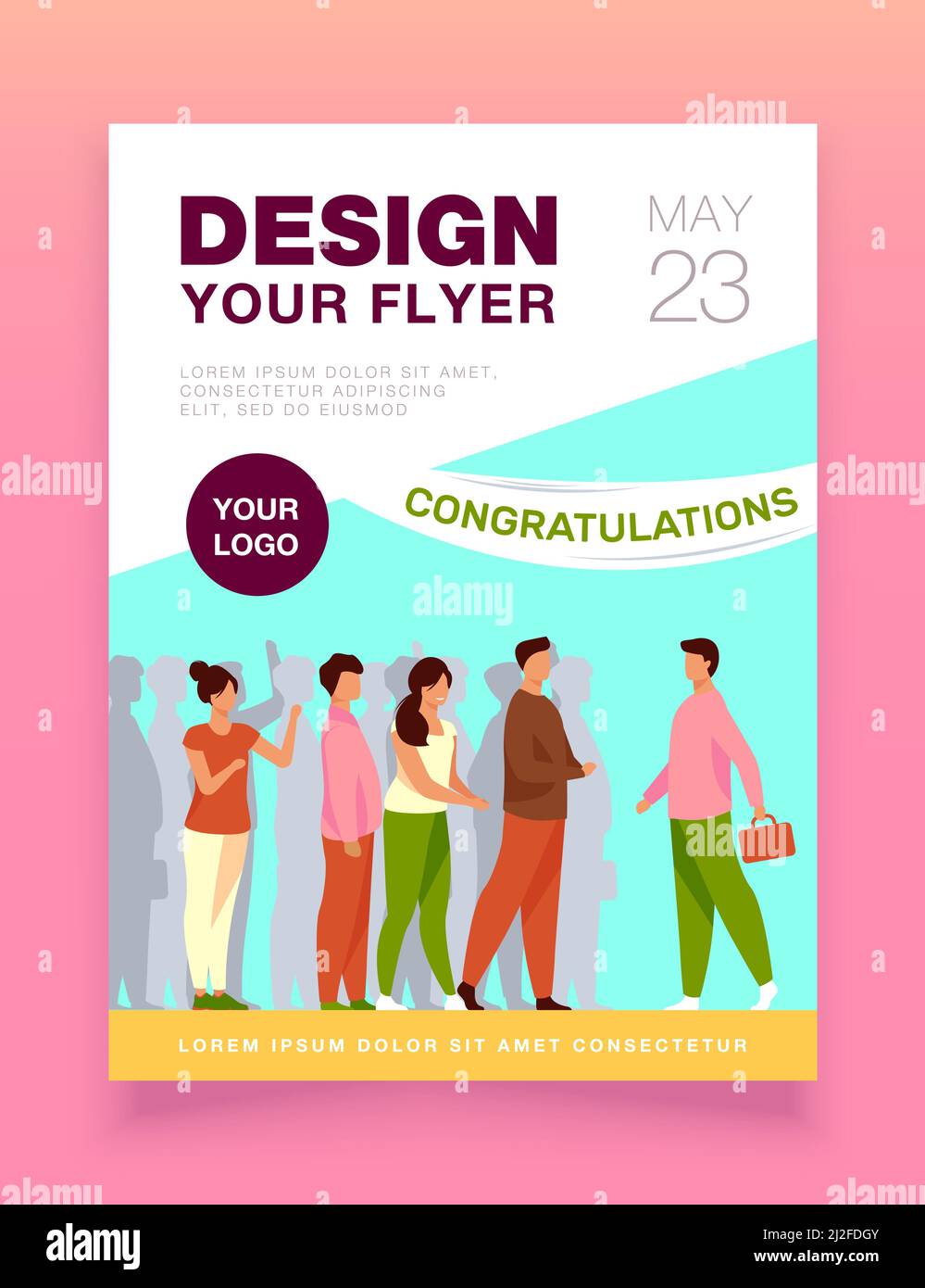 Man going to surprise party. Crowd of people, congratulation banner ...