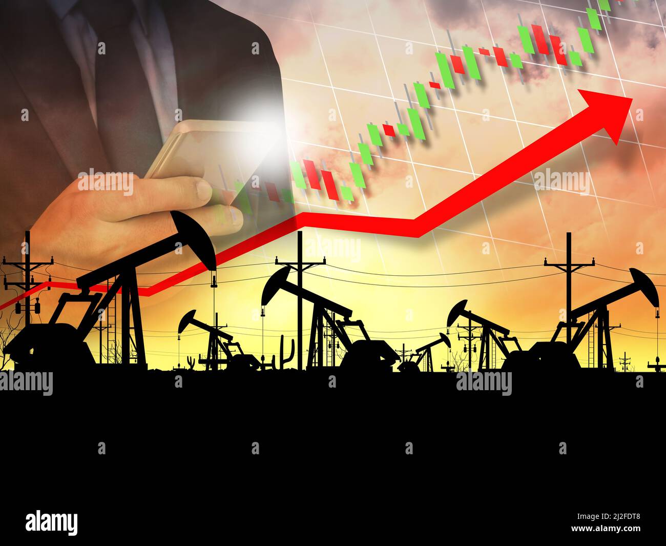 The price of oil is going up. Financial chart on the background of oil ...