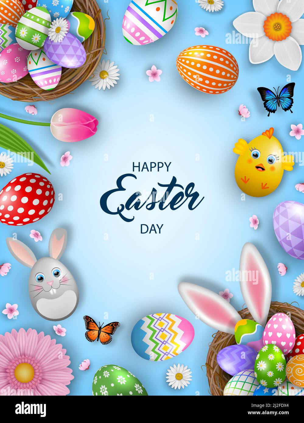 Happy easter background with eggs in the nests, flowers and butterflies ...