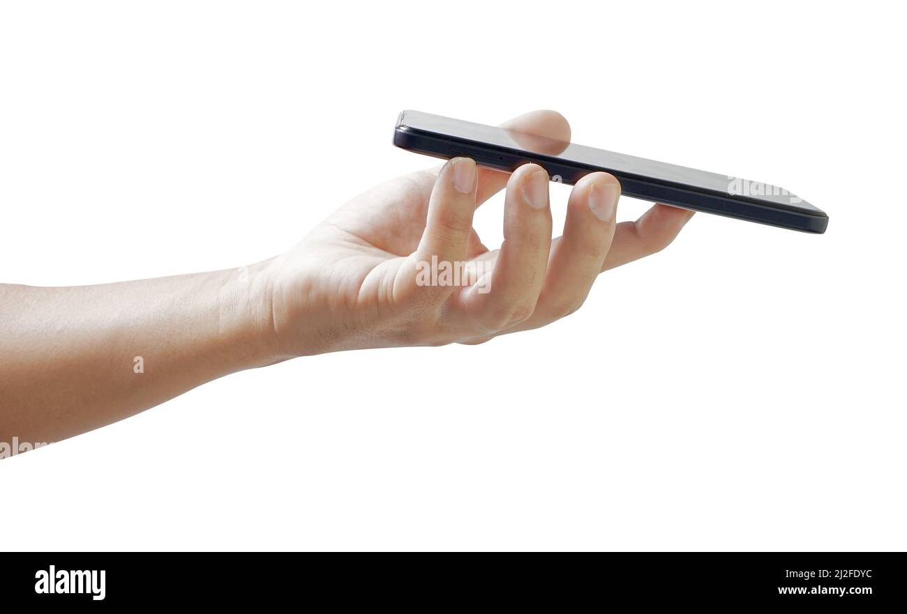 Man hand holding black smartphone for scan, isolated on white ...