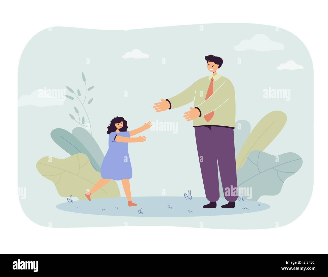 Daughter greeting father after work. Happy little girl running towards ...