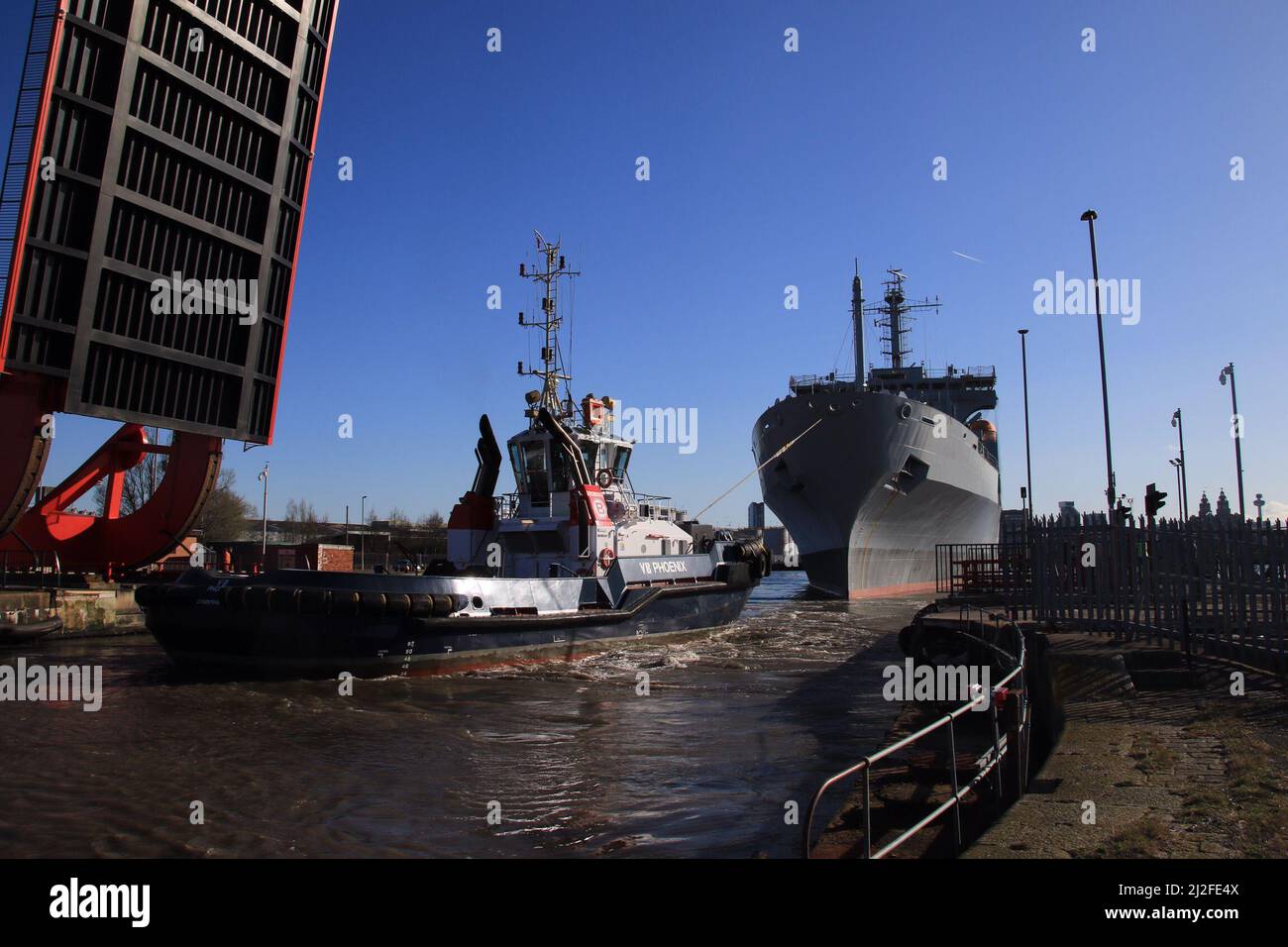 Ex RFA Fort Austin leaving Birkenhead docks onto Cammel lairds Stock ...