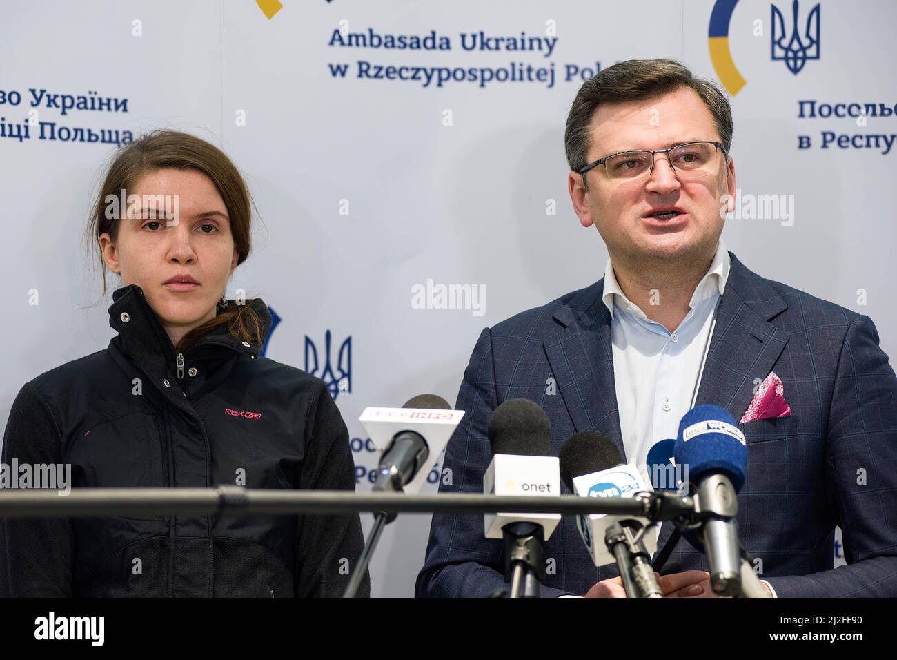 Warsaw, Poland. 01st Apr, 2022. Dmytro Kuleba and Mariana Bezugla ...