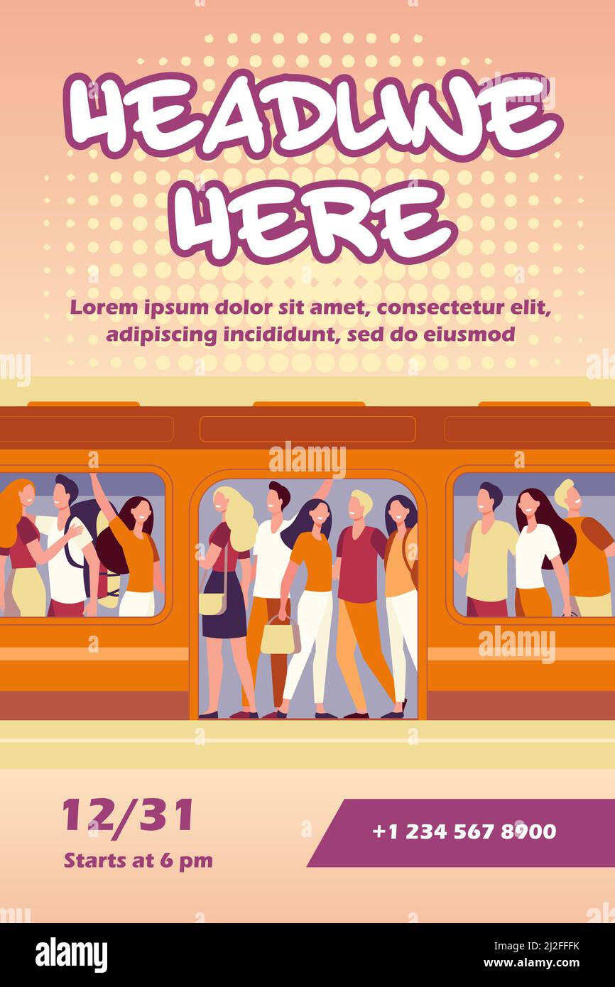 Crowd of happy people travelling by subway train. Passengers standing ...