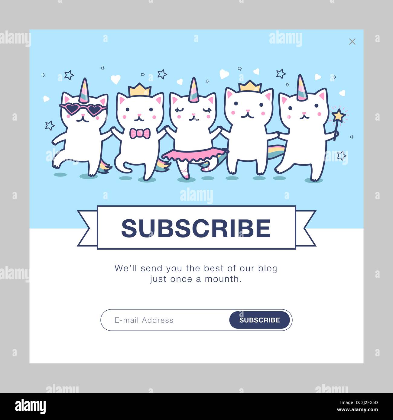 Newsletter design with unicorn cats. Cute dancing caticorns with ...