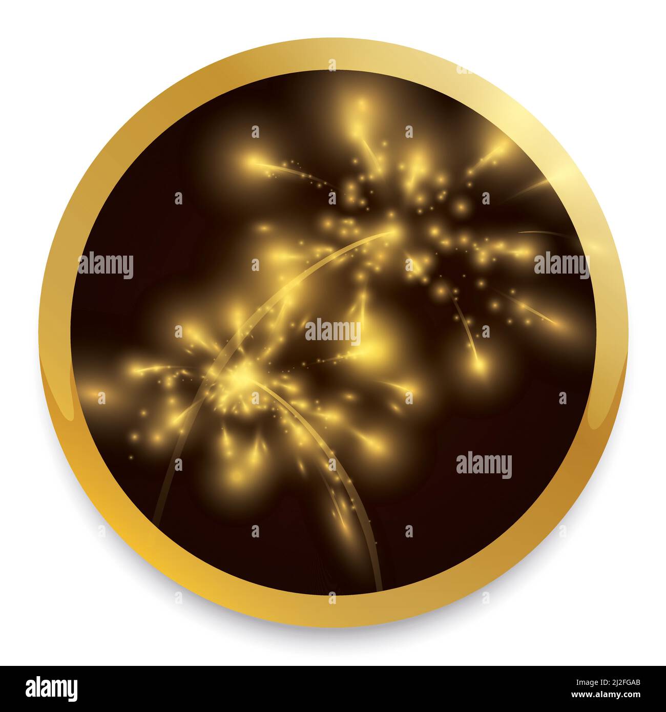 Golden round button with fantastic pyrotechnics view of fireworks ...