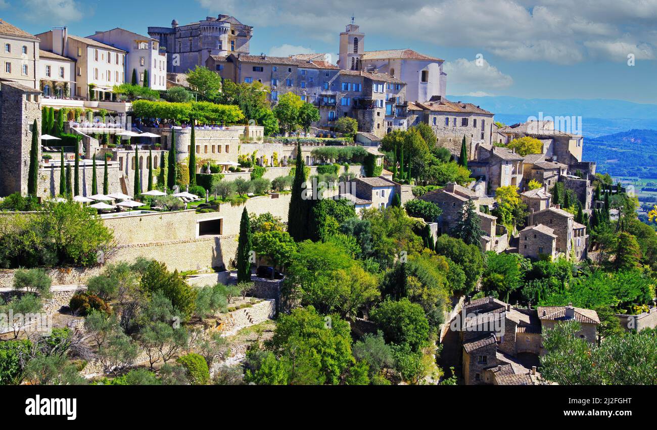 Scenic panoramic view on medieval picturesque old french village on ...