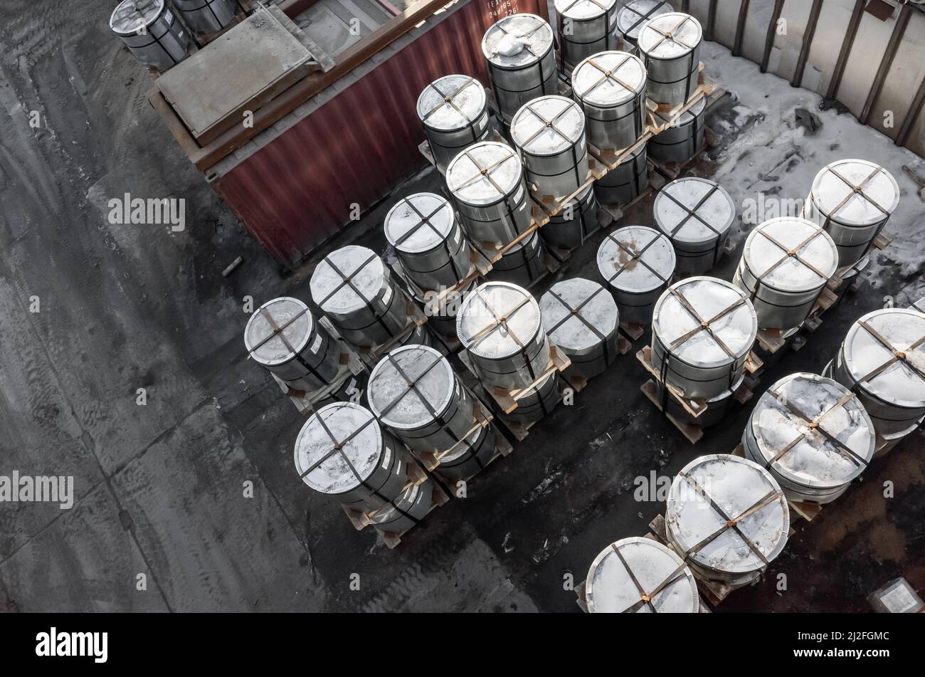Outdoor storage of rolled steel products, metal rolls, top view Stock ...