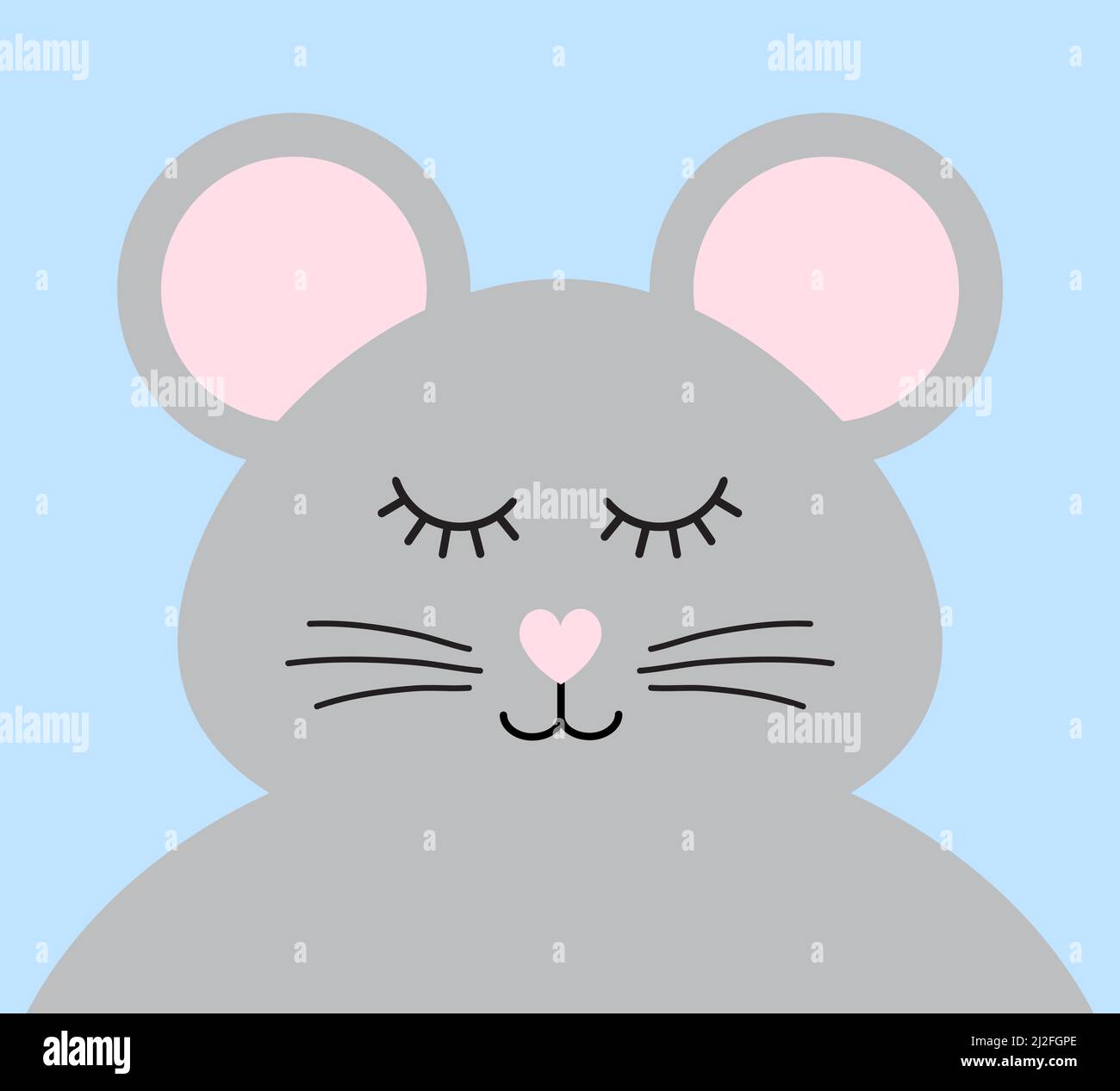 Vector flat cartoon gray rat mouse face isolated on blue background ...